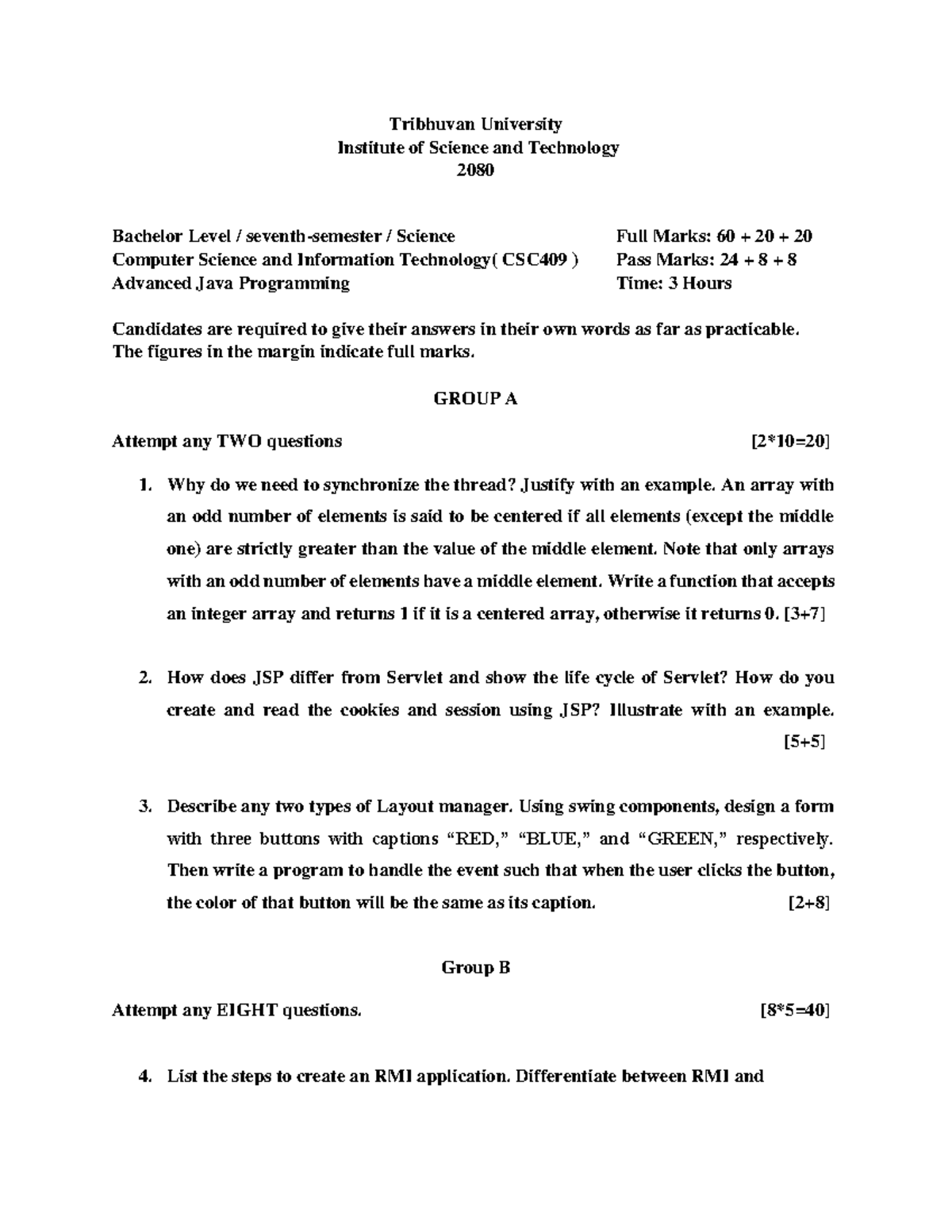 CSC409 Advanced Java Programming Past Questions - 2080 - Studocu