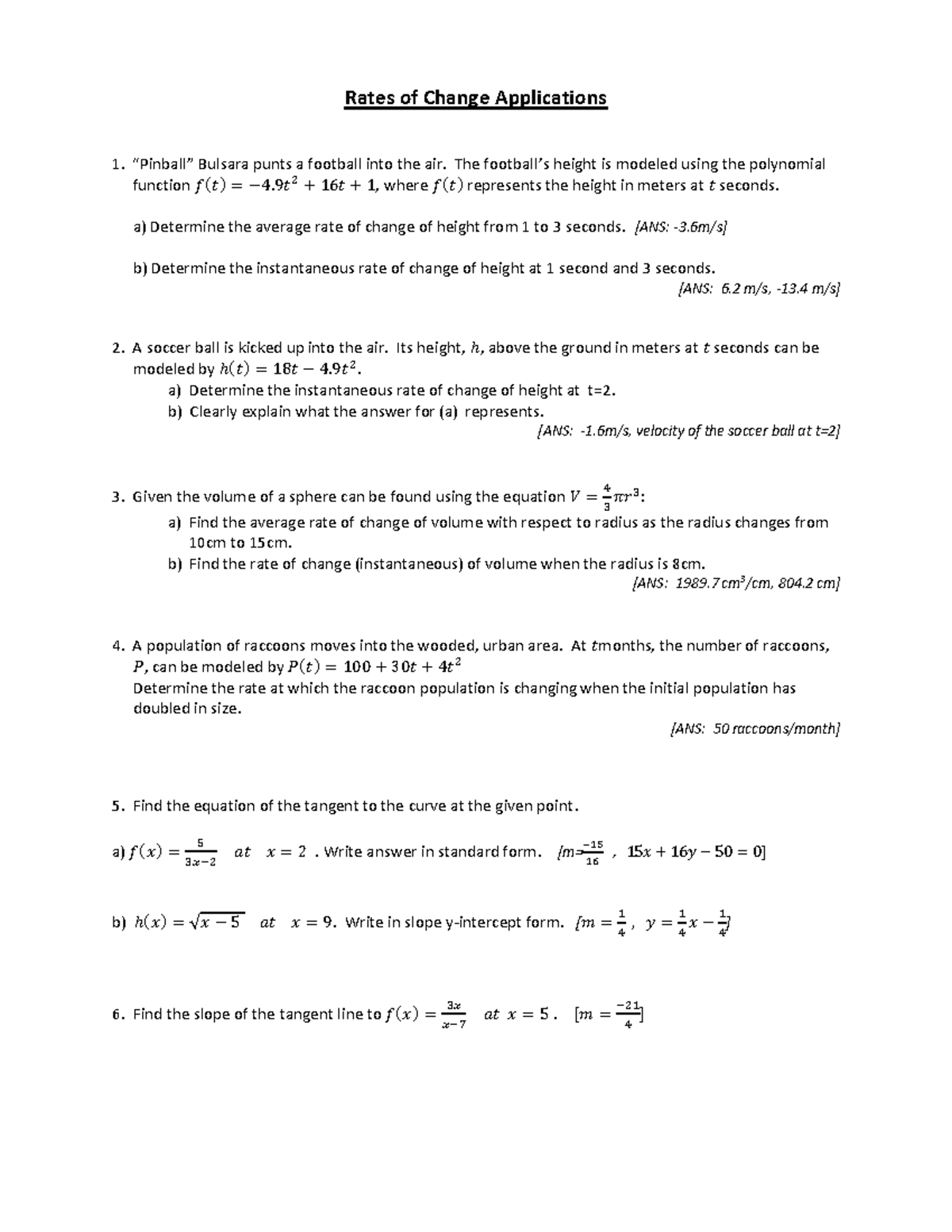 Rates of Change Applications: Worksheet 1.1 - Studocu