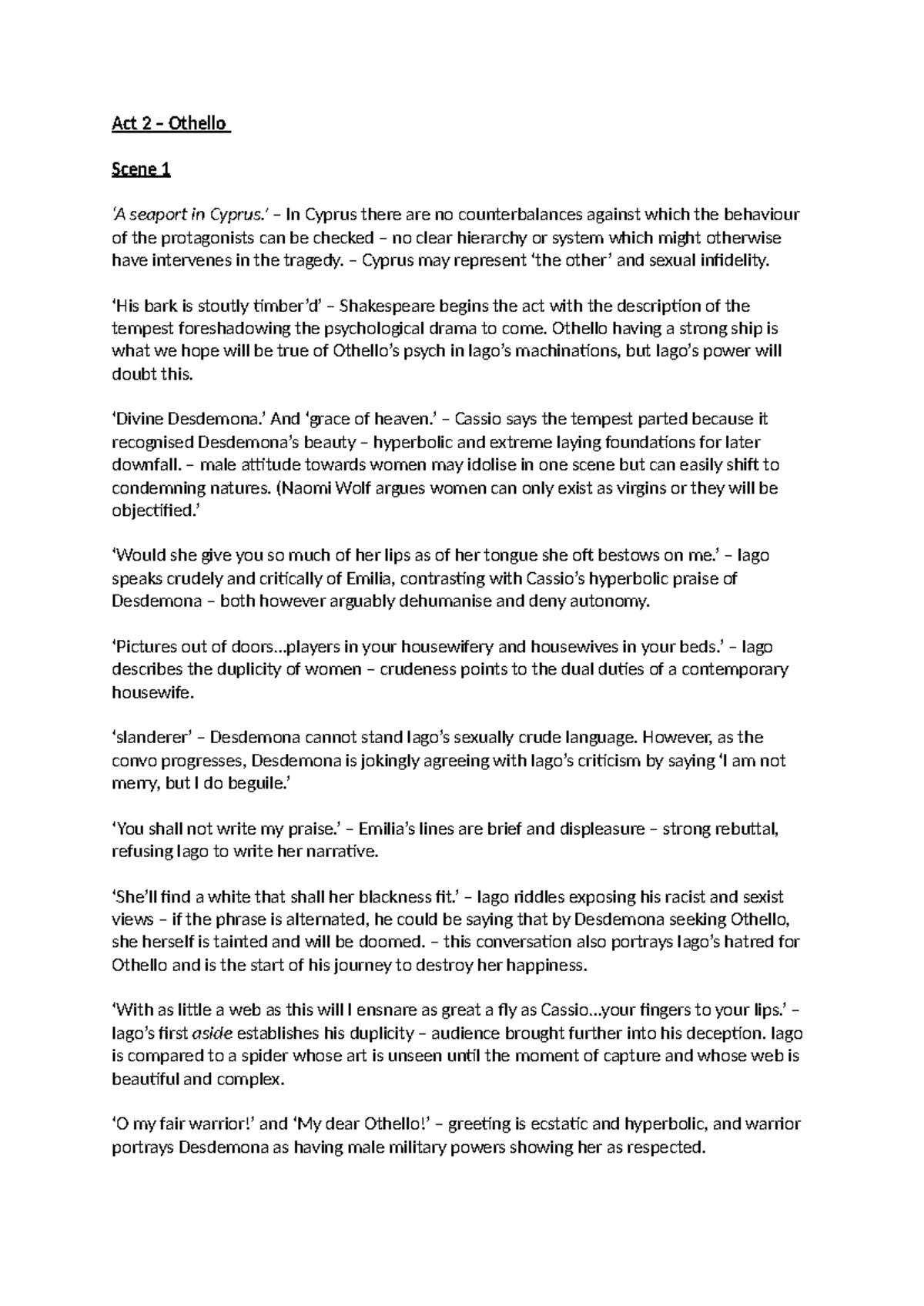 Act 2 - analysis - Othello - act 2 - Act 2 – Othello Scene 1 ‘A seaport ...