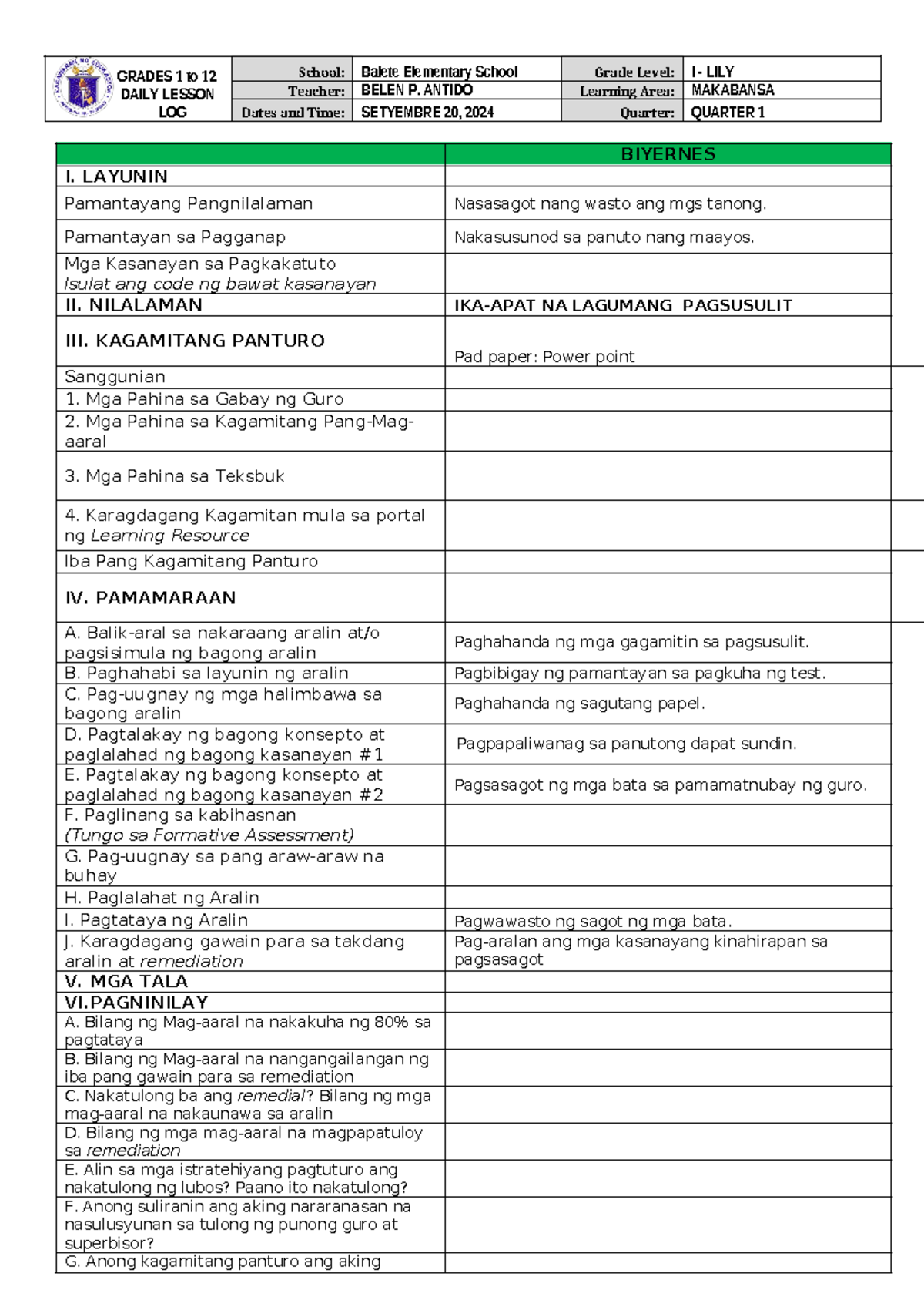 DLL Summative Assessment: Filipino Lesson Logs for Grade 1 - Studocu