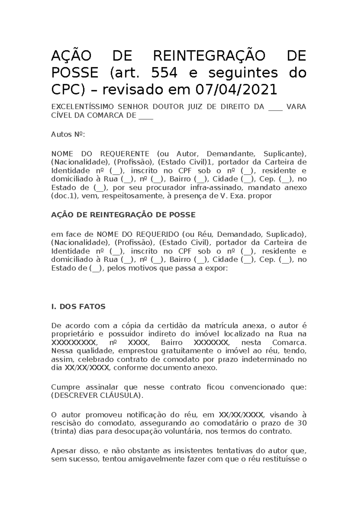 AÇÃO DE REINTEGRAÇÃO DE POSSE - CPC Art. 554 e Seguintes - Studocu