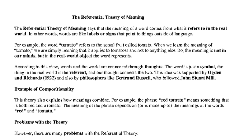 Theories of meaning - this is lecture - The Referential Theory of ...