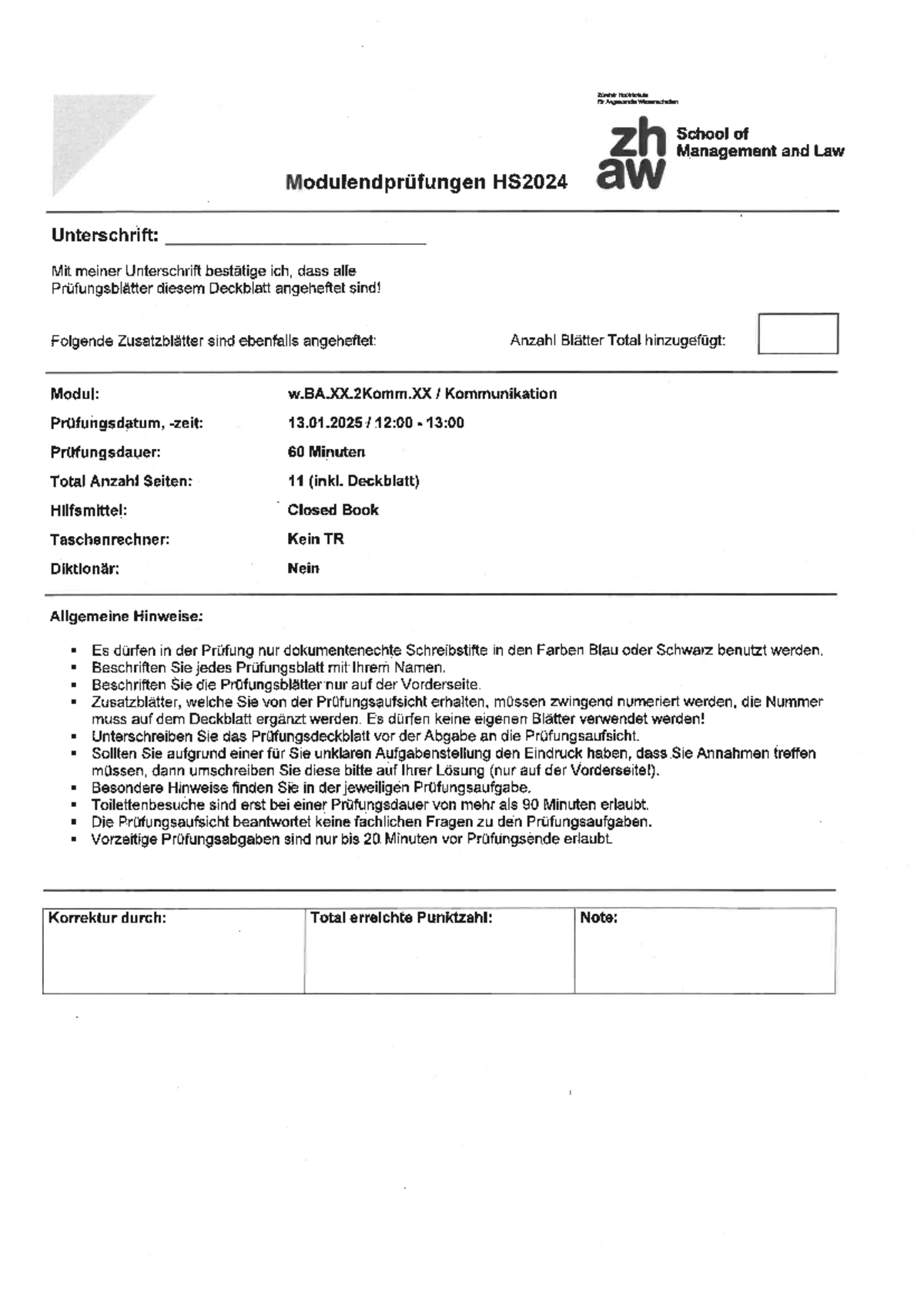 Modulendprüfungen HS2024: w.BA.XX.2Komm.XX Management und Law - Studocu