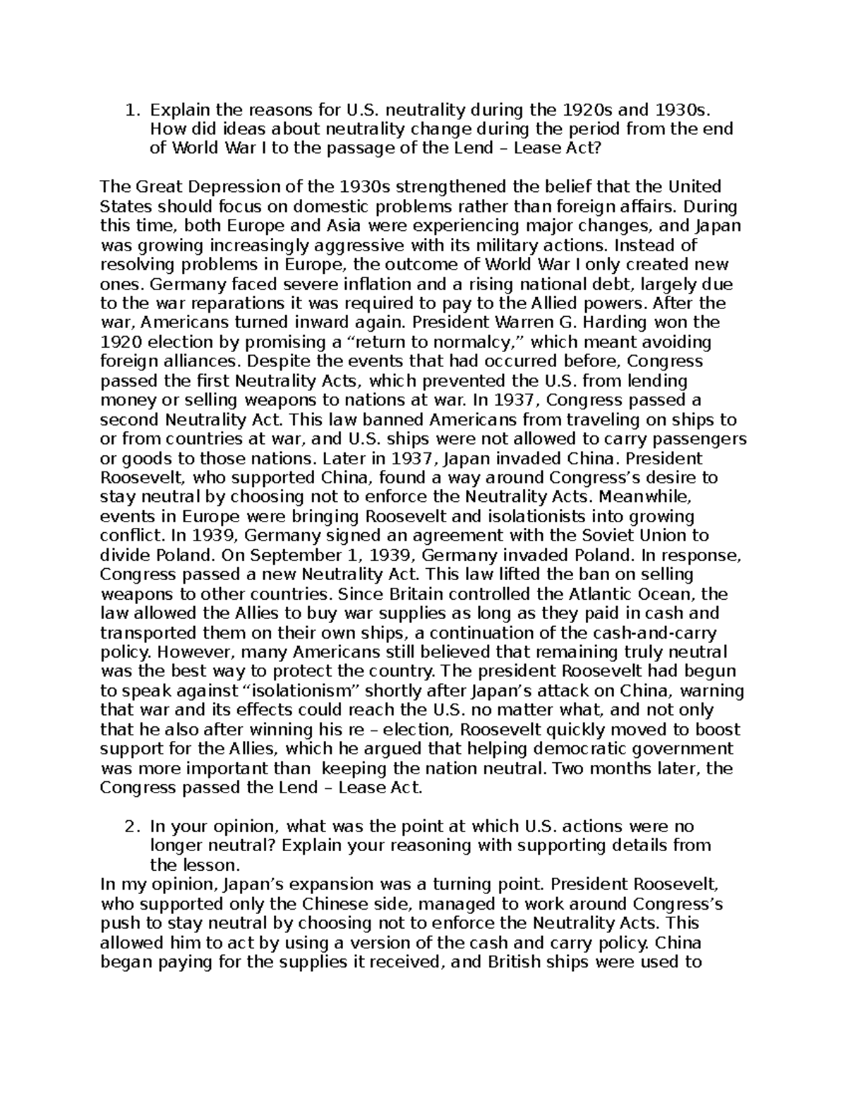U.S. Neutrality in the 1920s-30s: From Isolation to Lend Lease Act ...