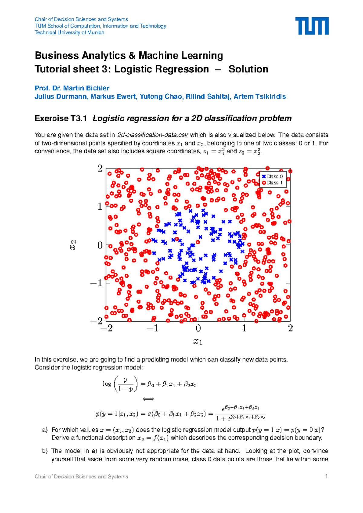 TUM Business Analytics ML Tutorial Sheet 3: Logistic Regression Solutions - Studocu