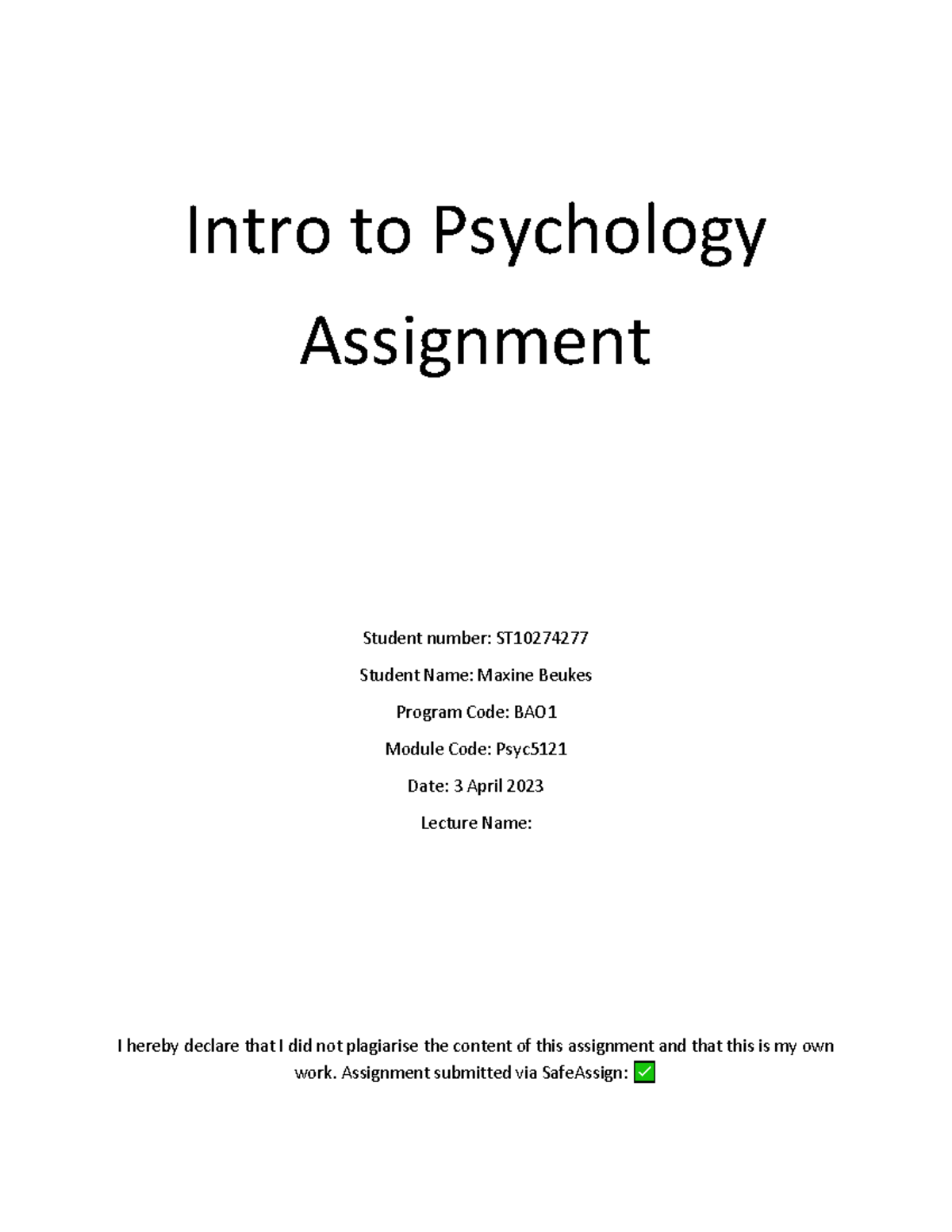 Psych 101: Assignment 1 - Understanding Psychology and Research Methods ...