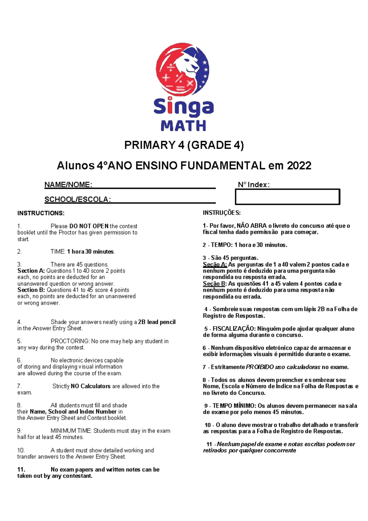 Singa Math Competition - Grade 4 (2022) Exam Instructions & Questions ...