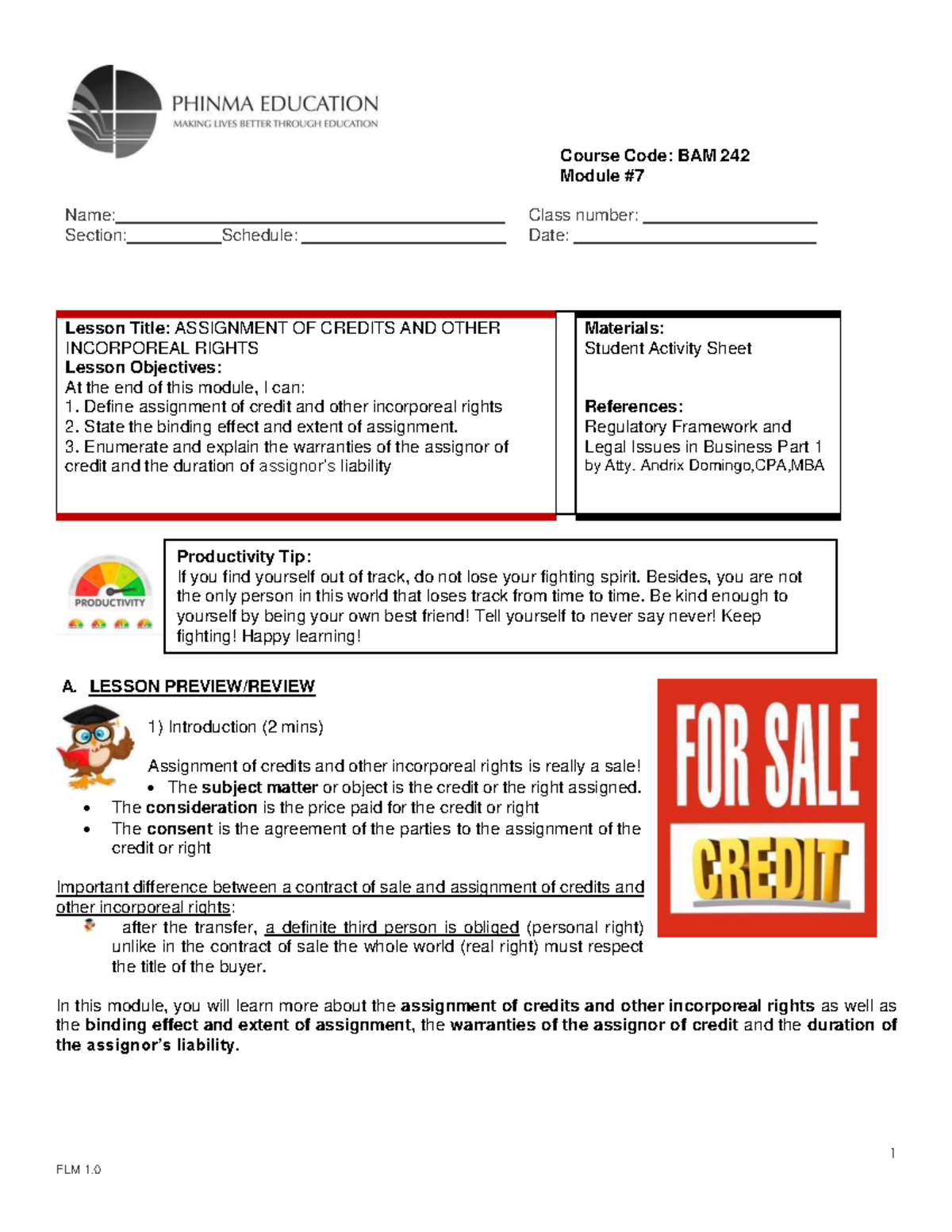 BAM 242 Lesson: Assignment of Credits & Incorporeal Rights - Studocu