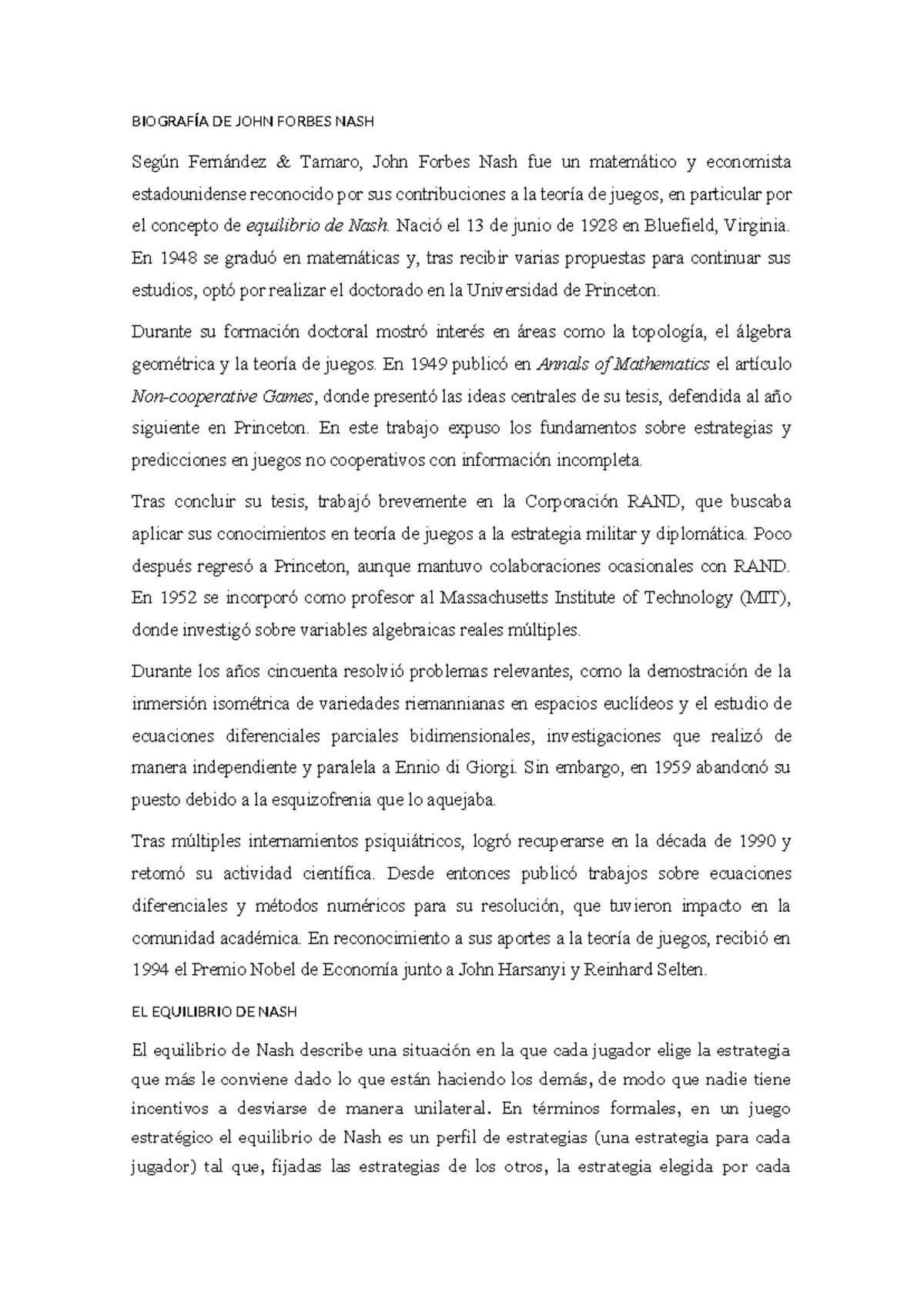 BIOGRAFÍA DE JOHN FORBES NASH Y SU EQUILIBRIO DE JUEGOS - Studocu