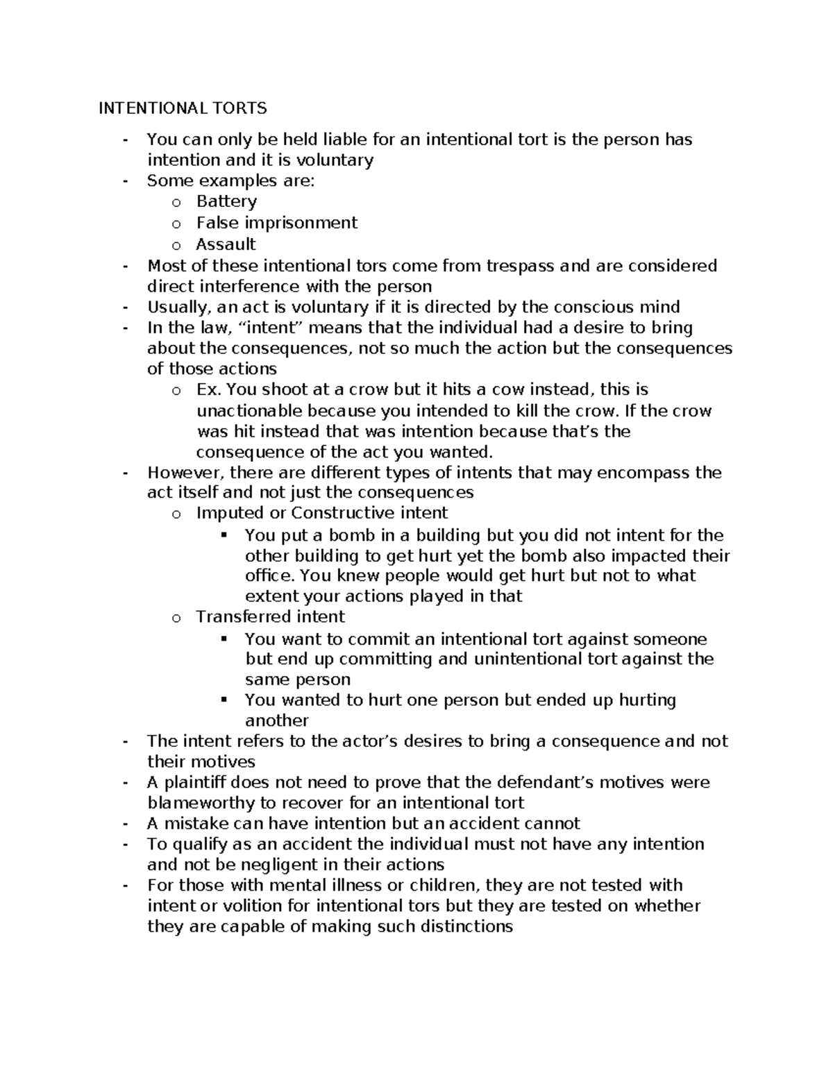 Week 13 - Intro to Intentional Torts and Liability Concepts - Studocu