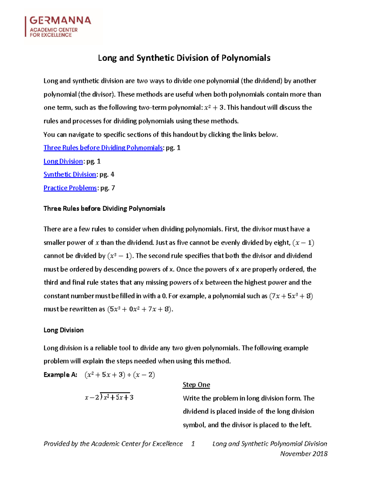 Long and Synthetic Division - Provided by the Academic Center for ...