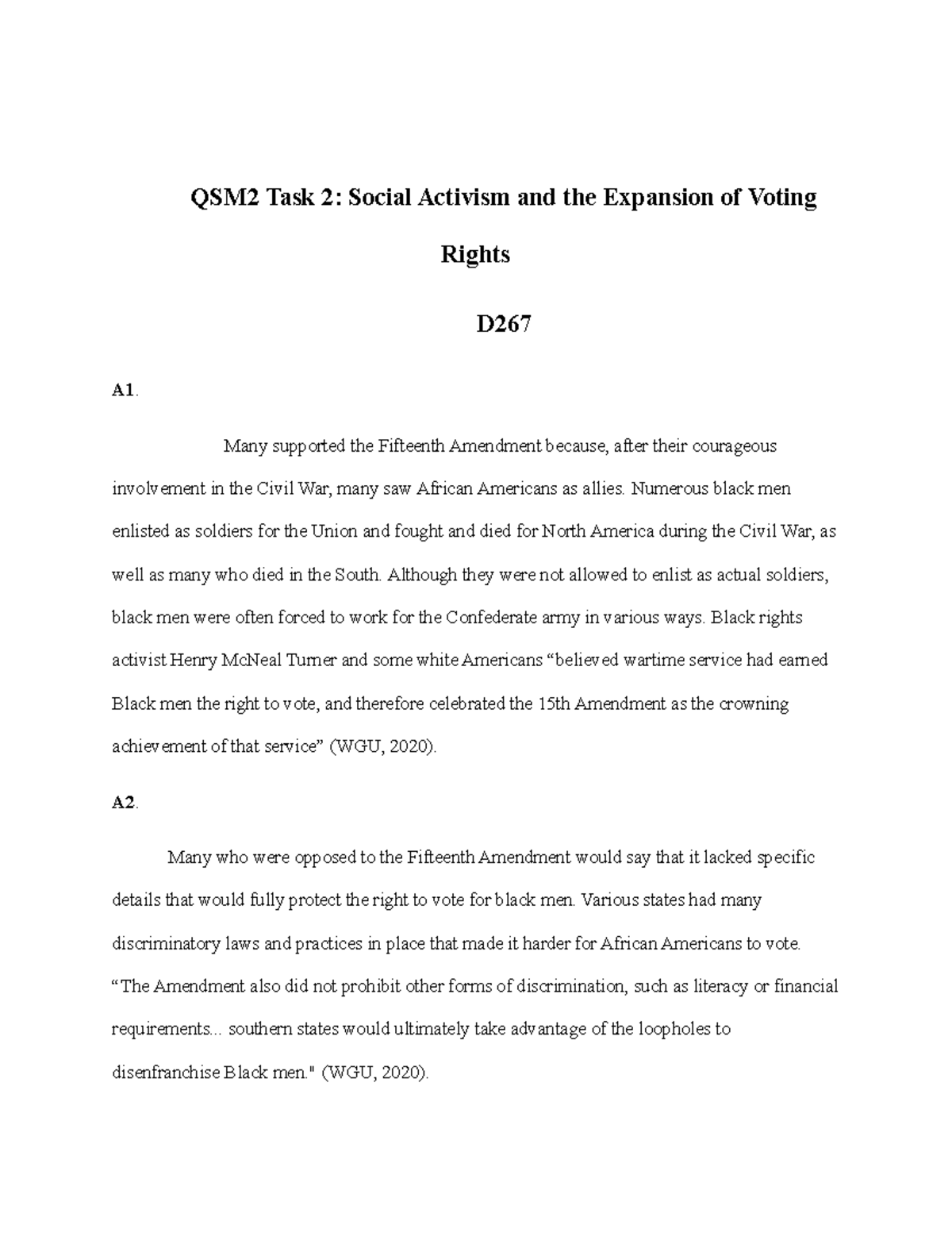 Task2 D267 Passed - QSM2 Task 2: Social Activism and the Expansion of ...