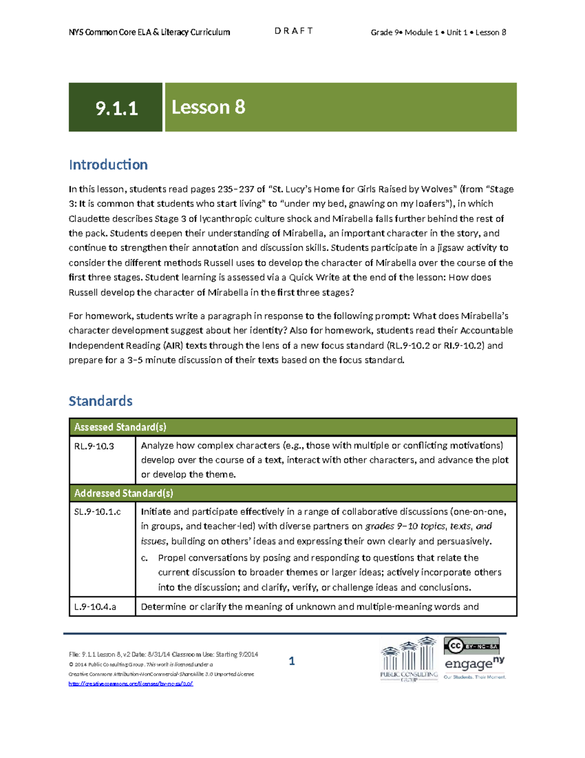 NYS Common Core ELA Curriculum DRAFT Grade 9 Module 1 Unit 1 Lesson 8 ...