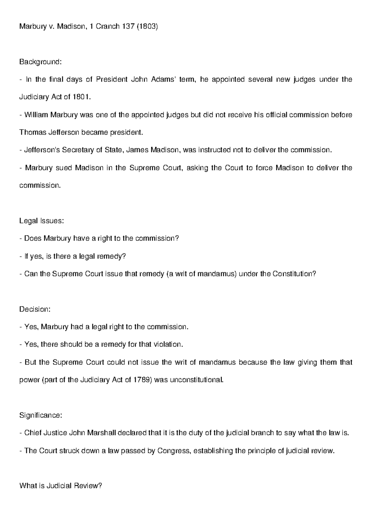 Marbury v. Madison 1803: Summary of Judicial Review Principles - Studocu