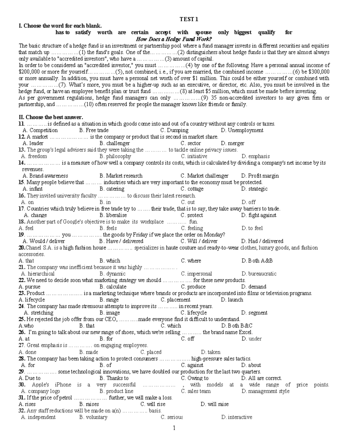 Further practice 1 - COB1 test on hedge funds and brand interactions ...