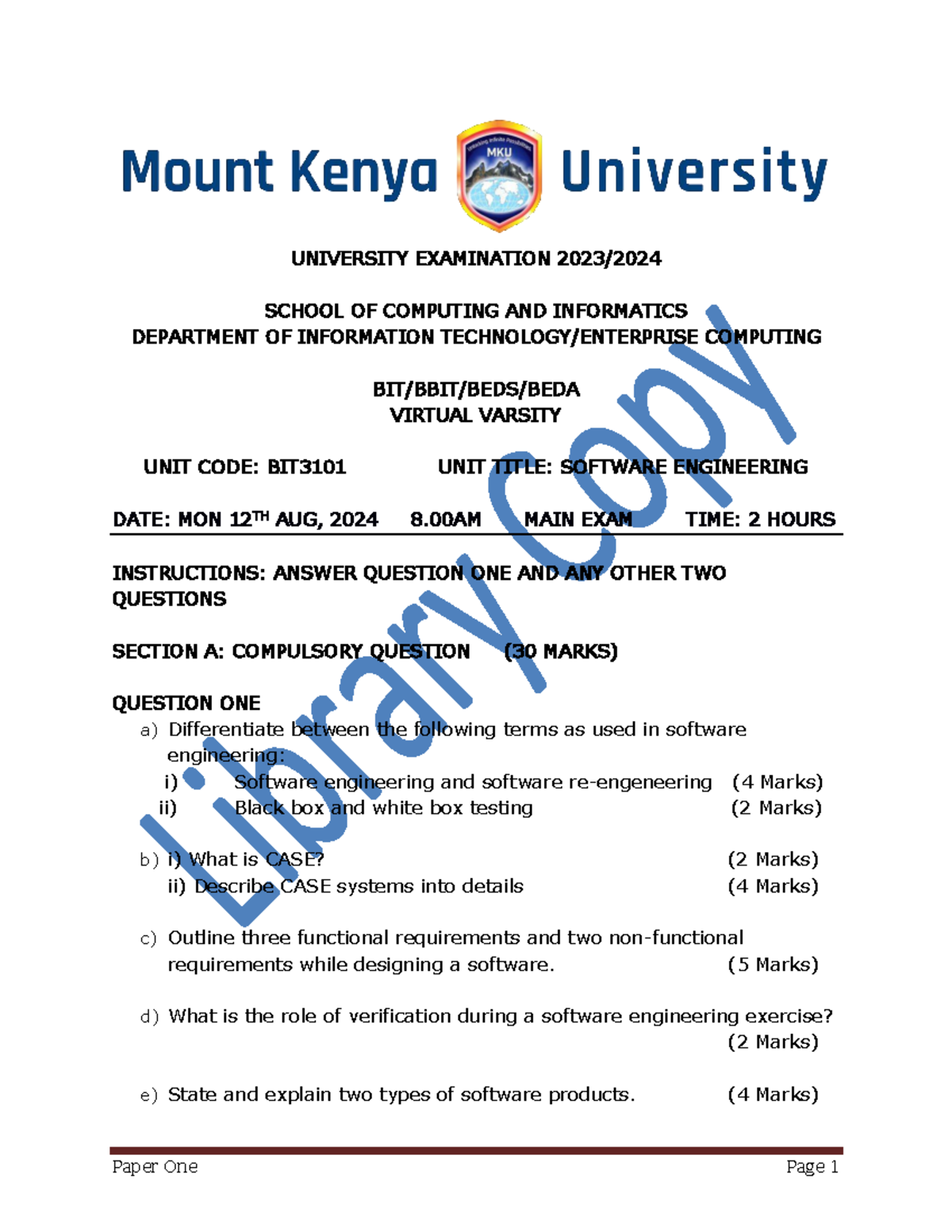 BIT3101 Software Engineering Final Exam Questions and Guidelines - Studocu