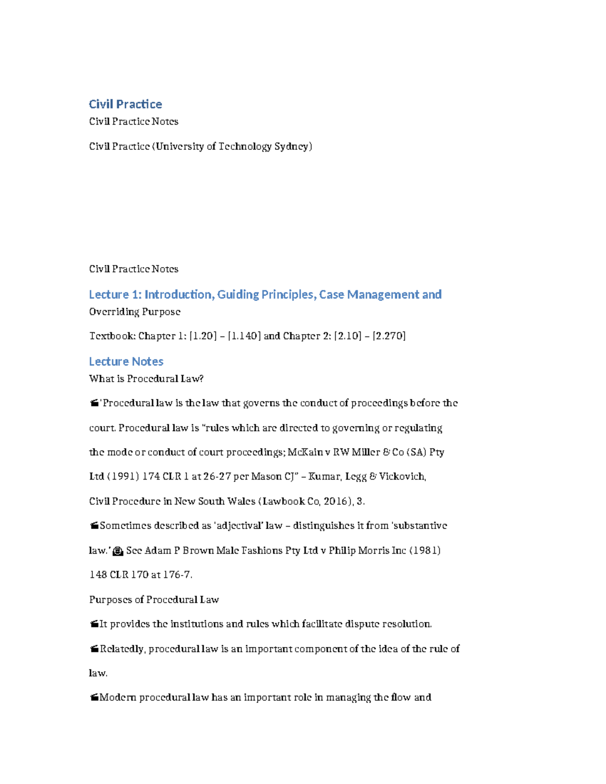 Civil Practice (UTS) Final Notes: Procedural Law & Case Management ...
