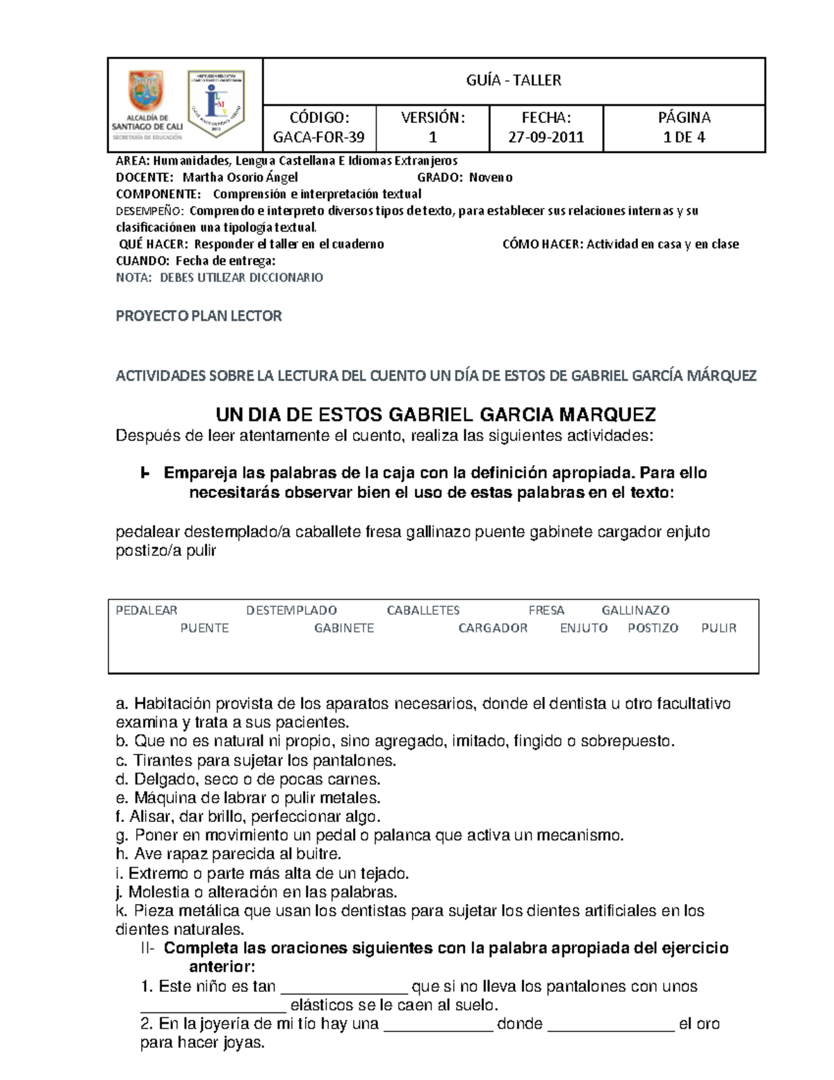 Actividades y Comprensión del Cuento "Un Día de Estos" - GACA-FOR-39 ...