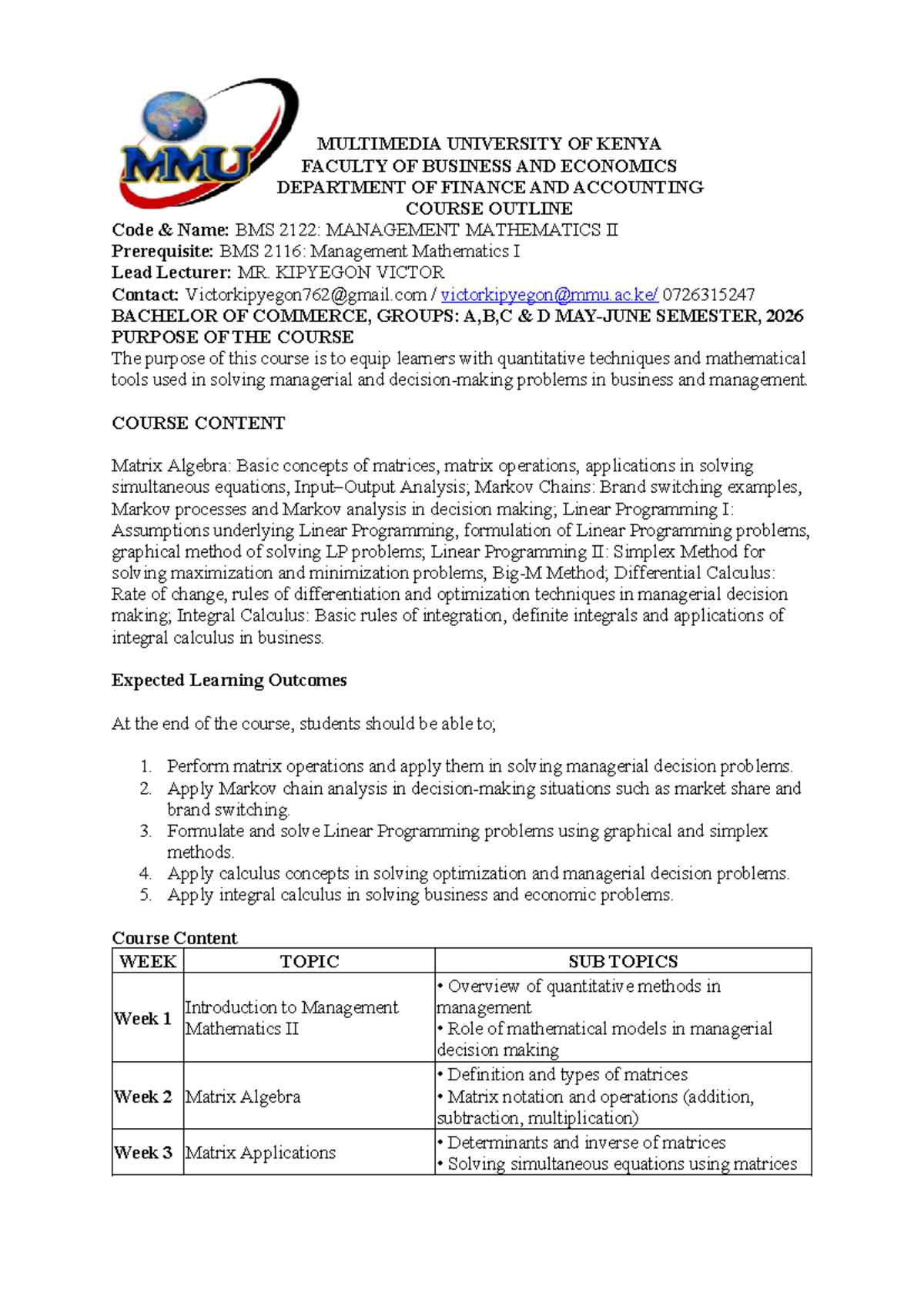 BMS 2122: Course Outline for Management Mathematics II - Studocu