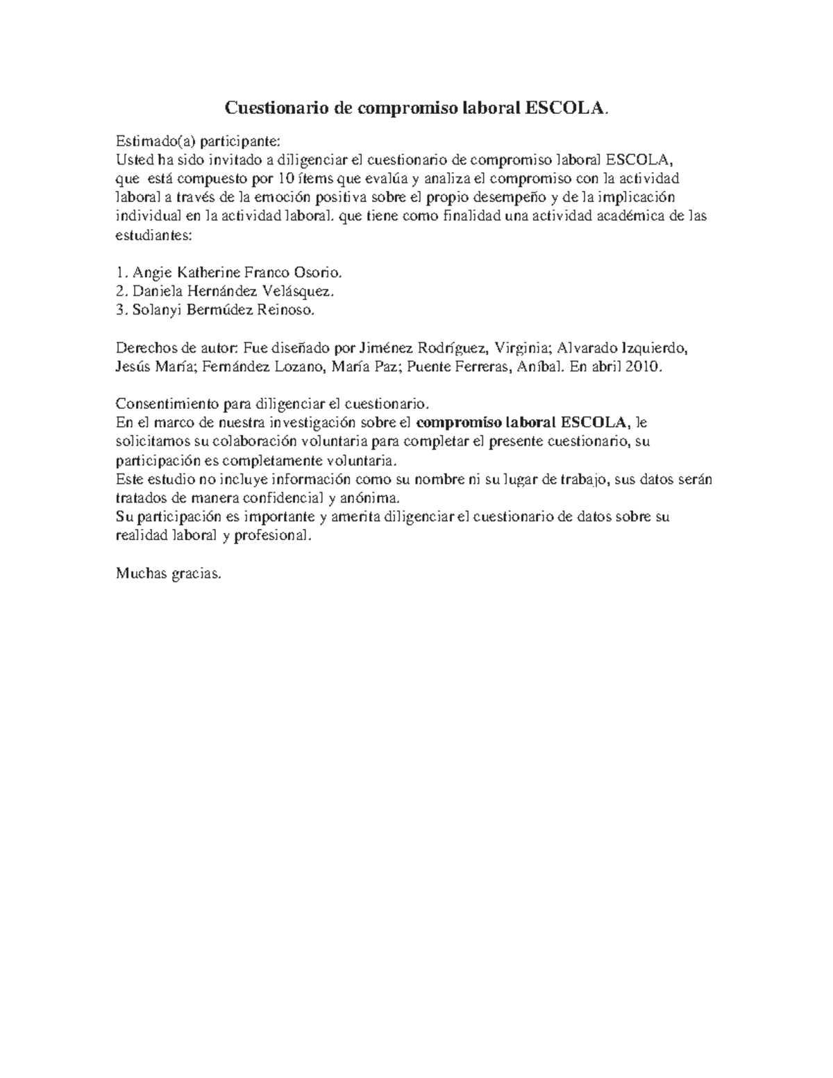 Cuestionario de Compromiso Laboral ESCOLA: Participación y Evaluación ...