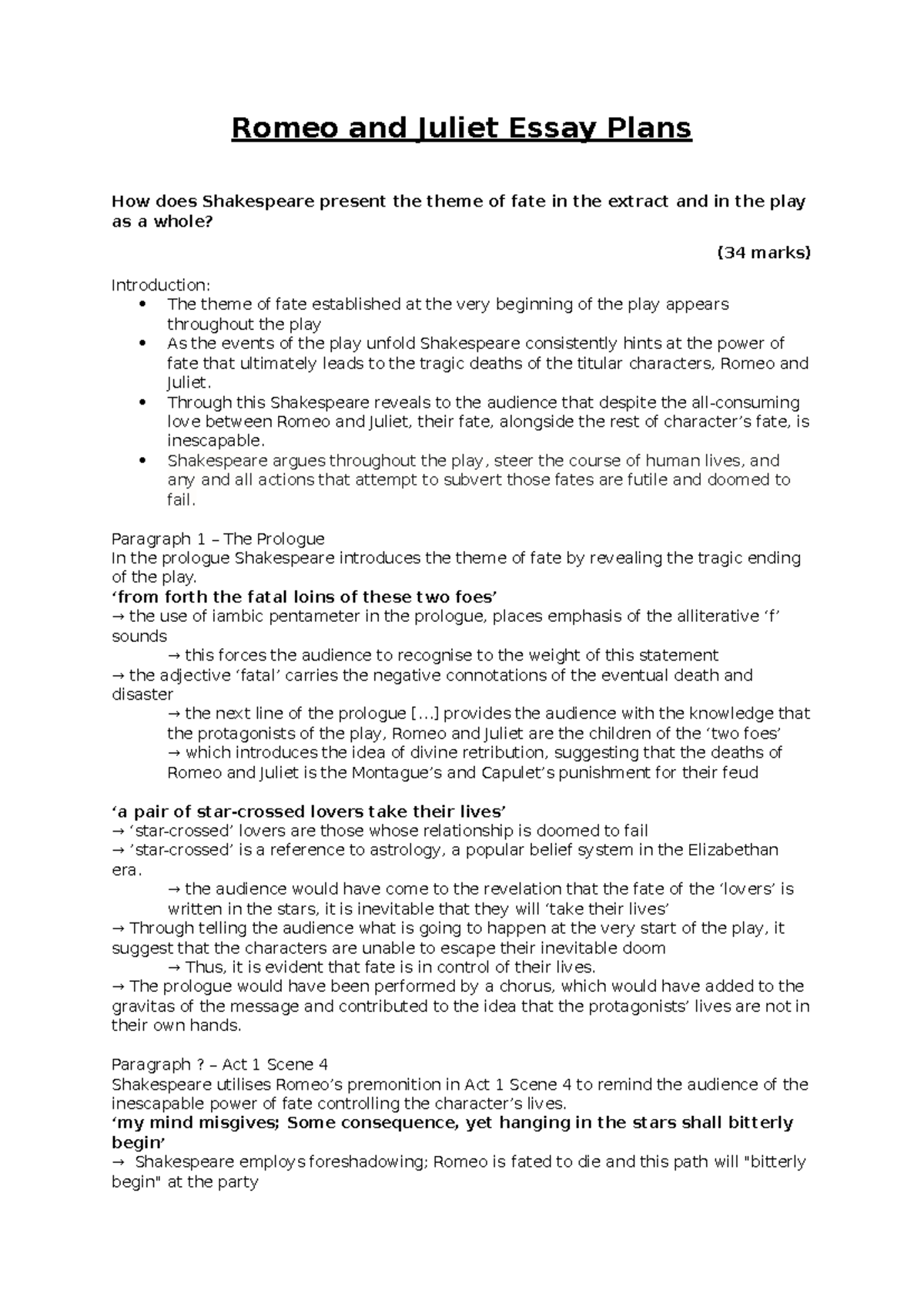 Romeo and Juliet Essay Plans: Fate, Family Honor, and Parental Figures ...