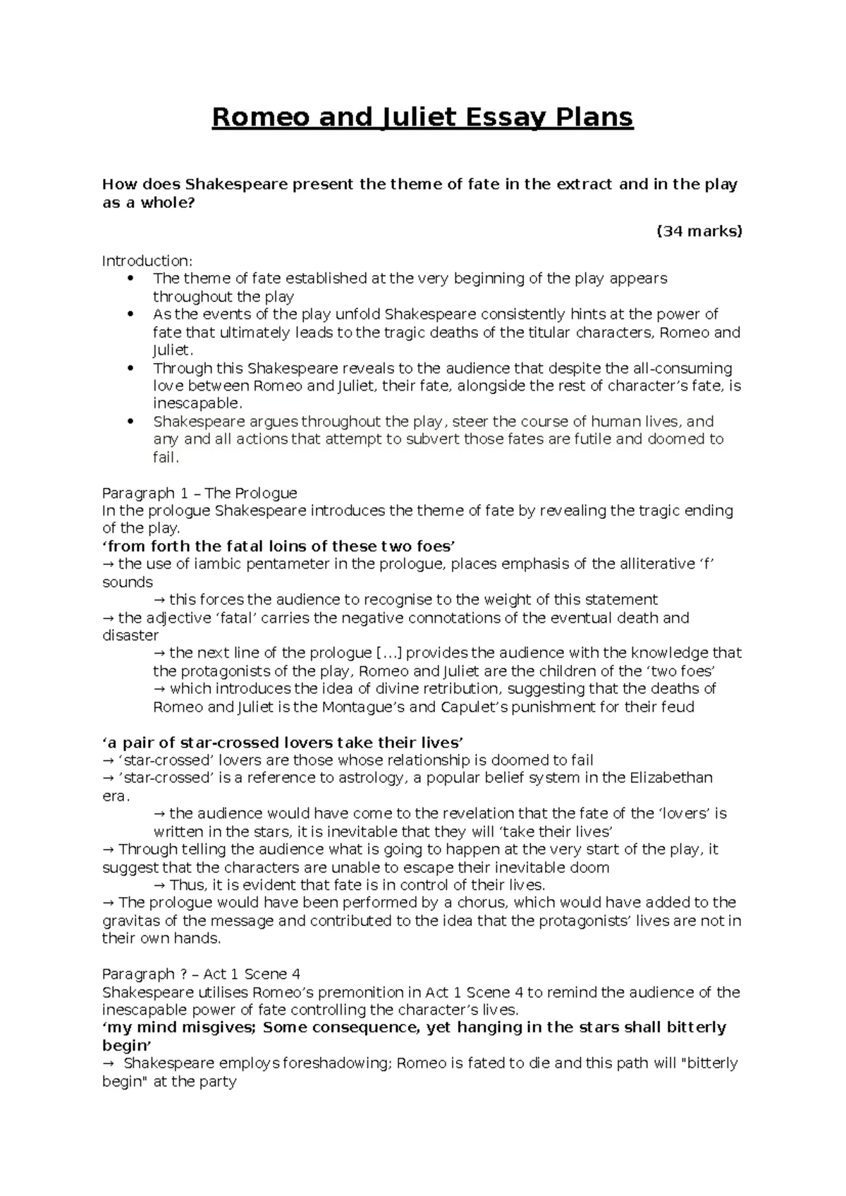 Romeo and Juliet Essay Plans: Fate, Family Honor, and Parental Figures ...