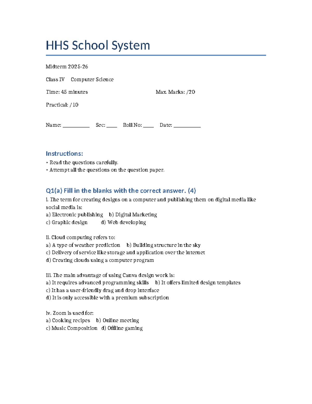 HHS Computer Science Midterm Exam Class IV - 45 Min Duration - Studocu