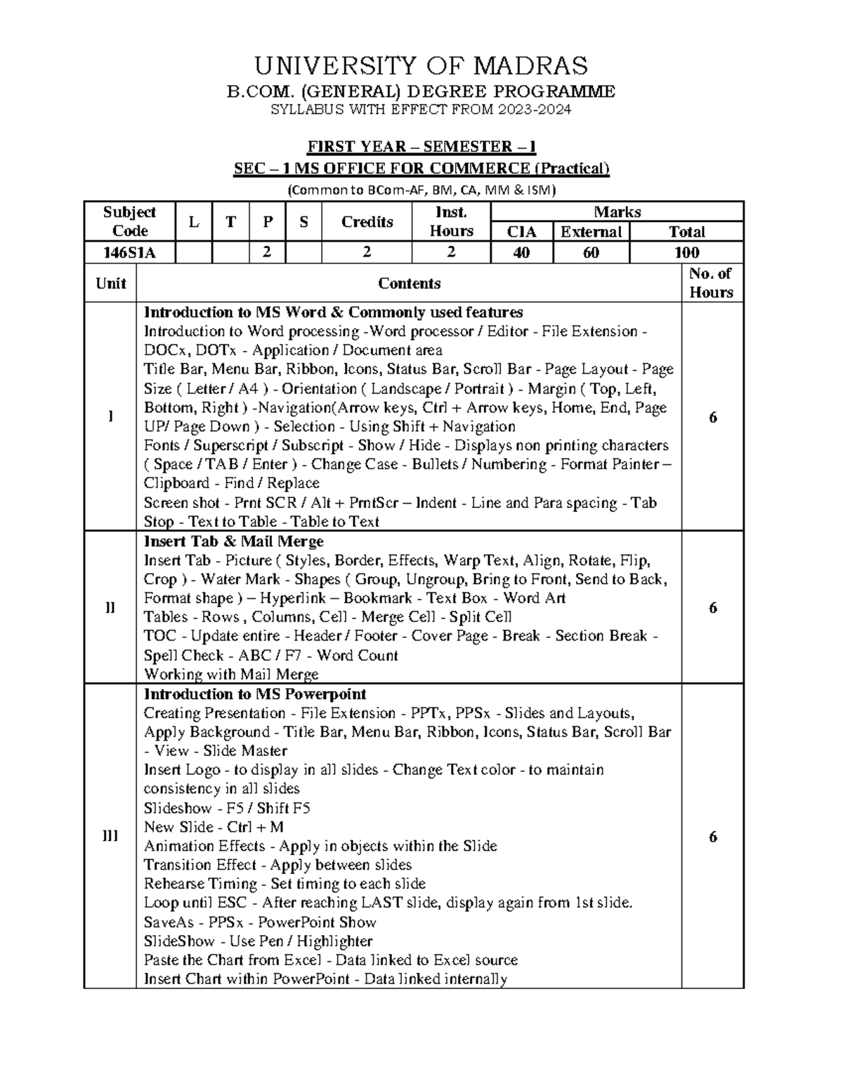 146S1A - MS Office for Commerce Practical Guide & Syllabus - Studocu