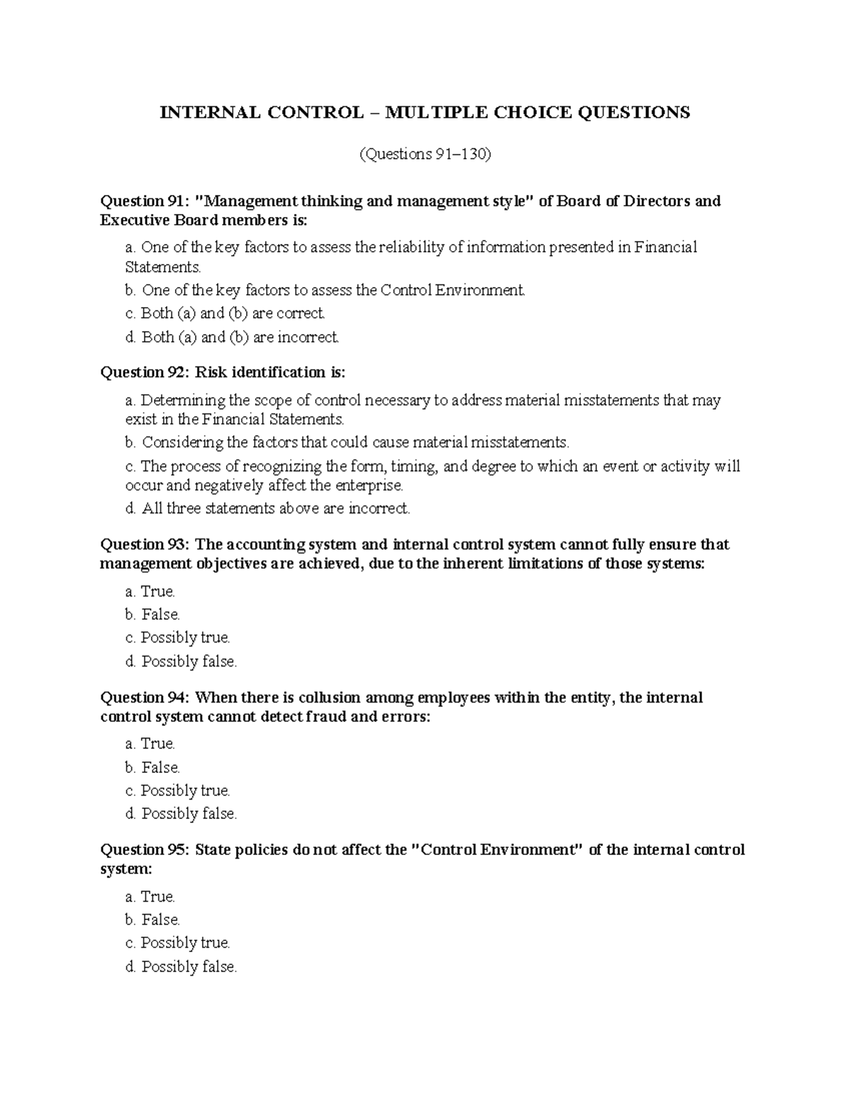 INTERNAL CONTROL MCQs for Financial Management (EN) - Studocu