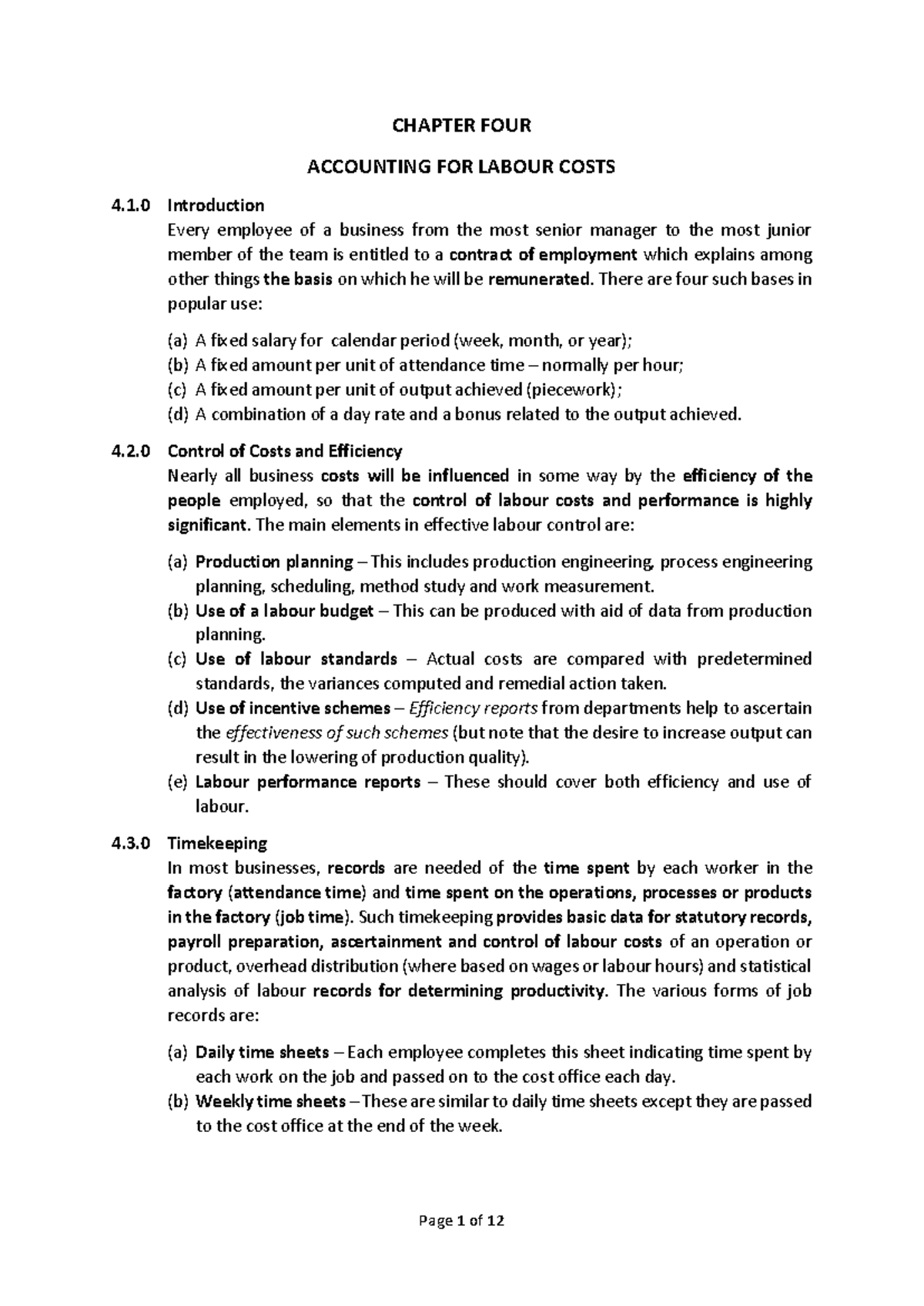 CA - Chapter Four - Labour Costing - CHAPTER FOUR ACCOUNTING FOR LABOUR ...