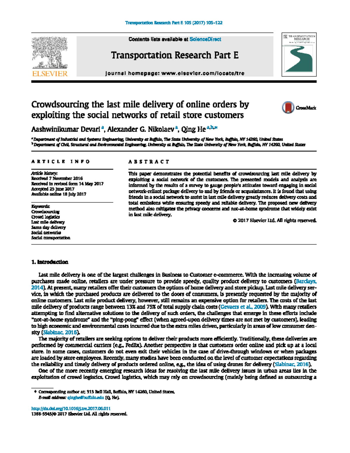 NCKH1 - Crowdshipping - Transportation Research Part E 105 (2017 ...