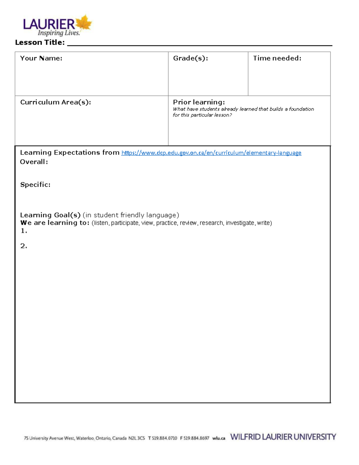 Lesson Plan Template: Curriculum Area & Learning Goals - Studocu