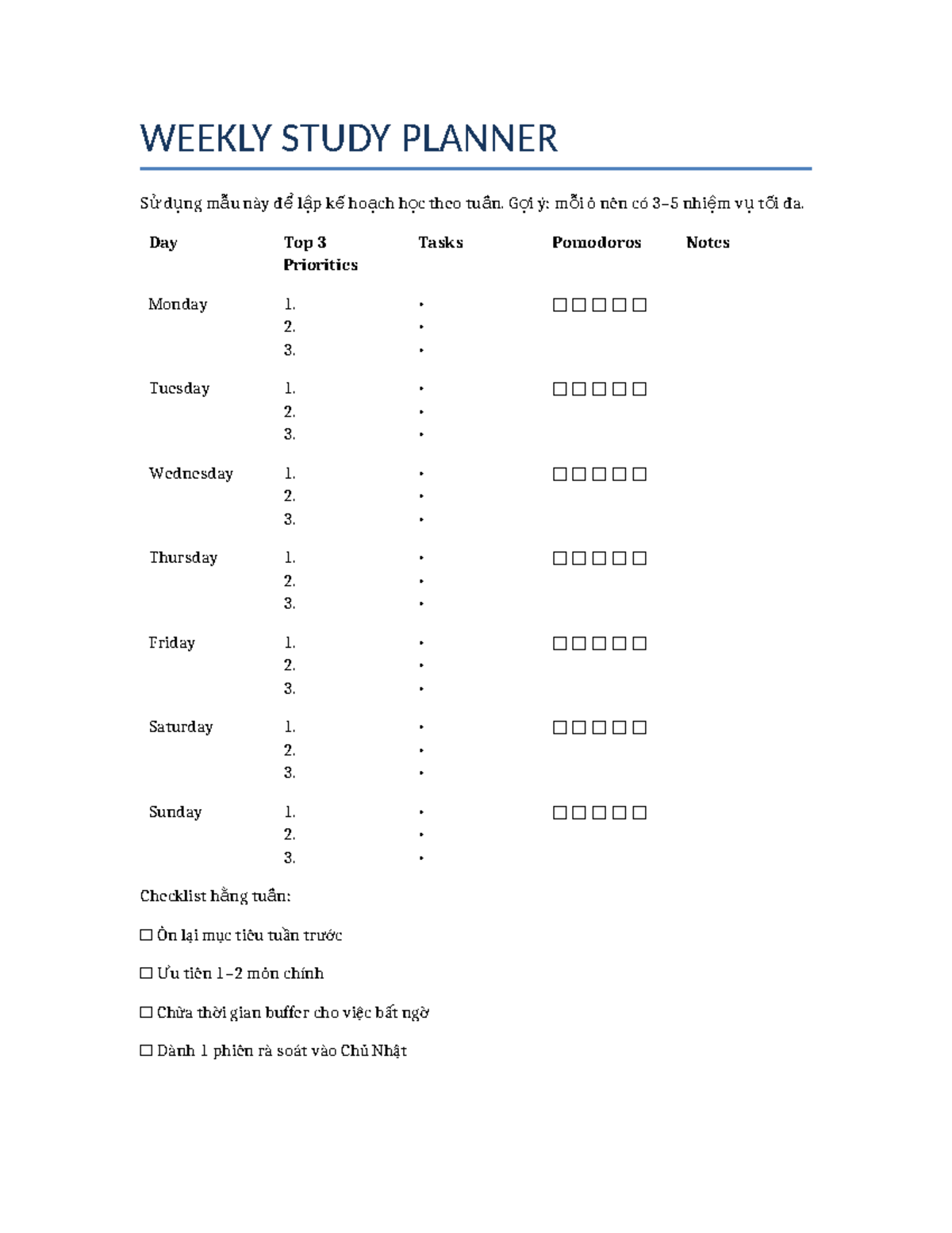 Weekly Study Planner Template for Efficient Study - tai lieu - Studocu
