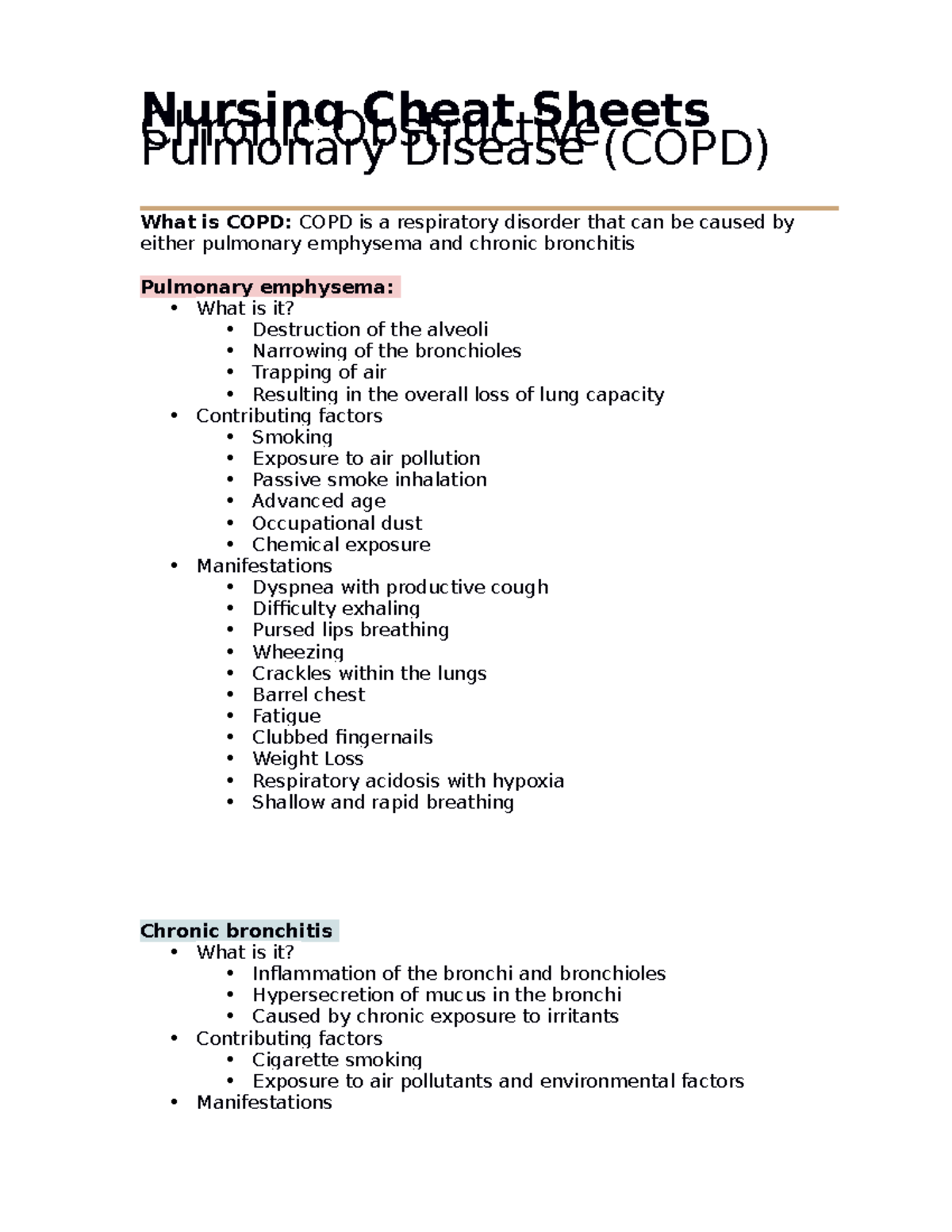 COPD Nursing Cheat Sheets: Key Info on Pulmonary Disease & Care - Studocu