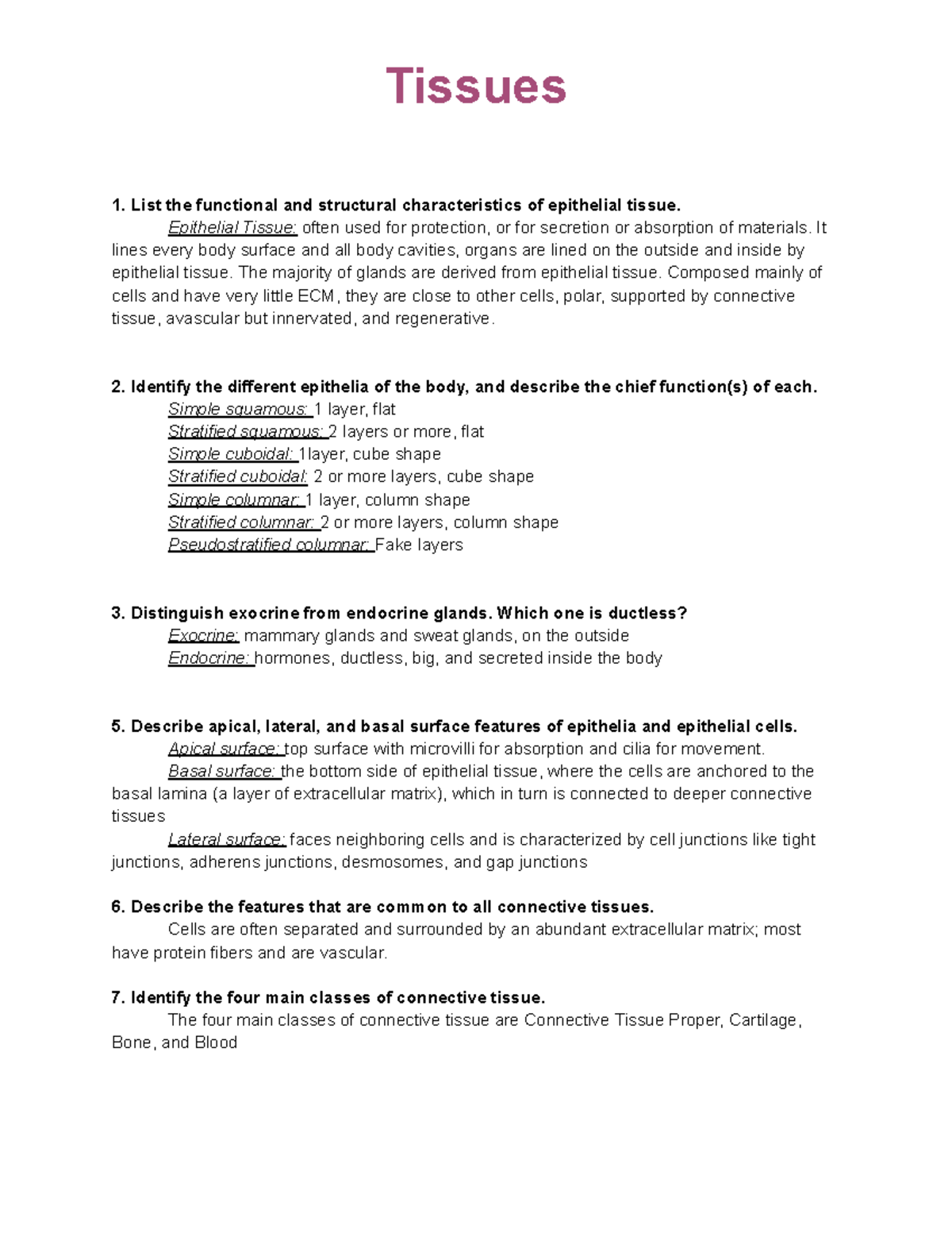 Final Exam Study Guide for XYZ101: Epithelial and Connective Tissues ...