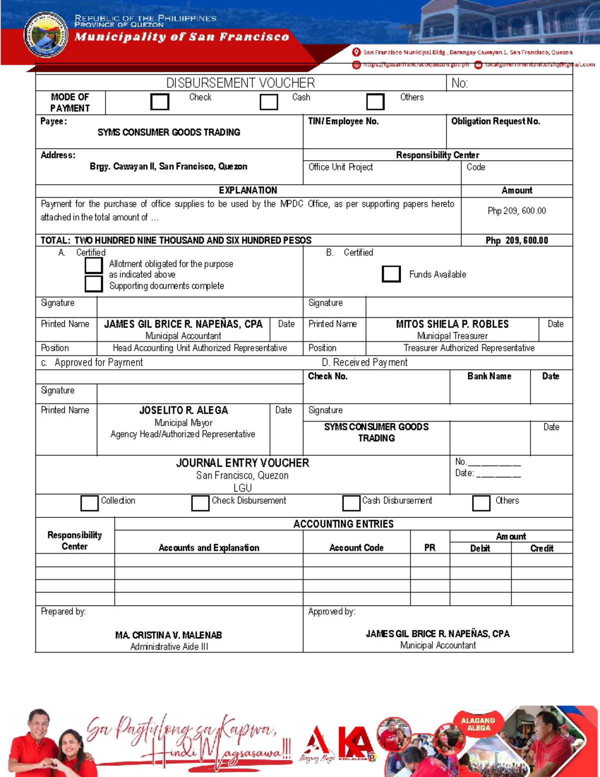 SYMS 209K Office Supplies Disbursement Voucher - Studocu
