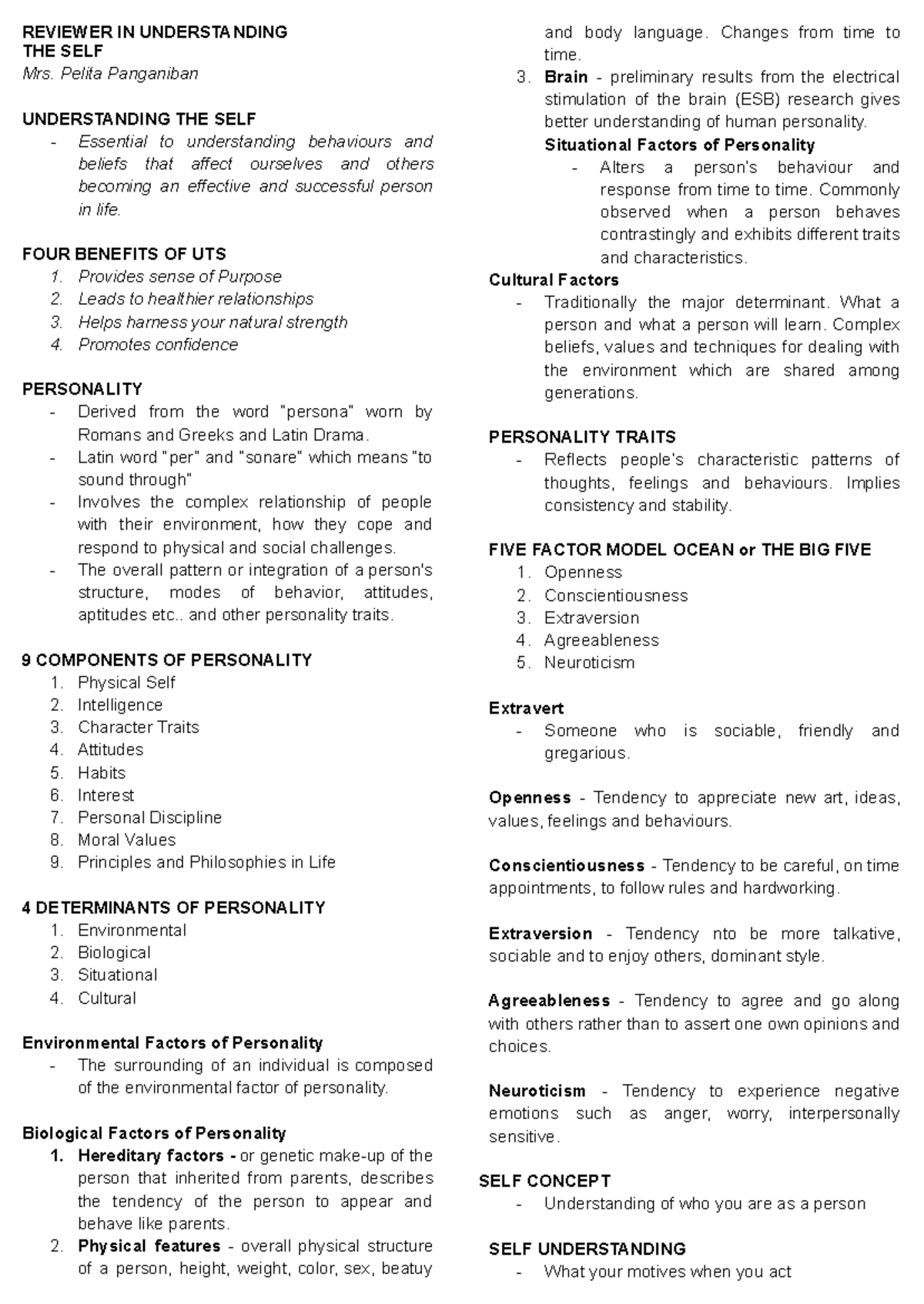 UTS Reviewer: Understanding the Self and Personality Traits - Studocu