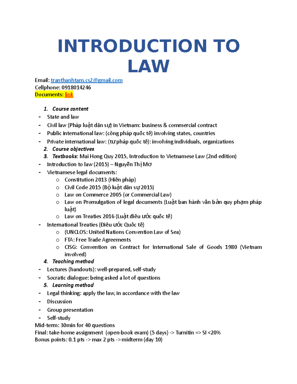 Introduction TO LAW 1 - PLDC - INTRODUCTION TO LAW Email: tranthanhtam ...