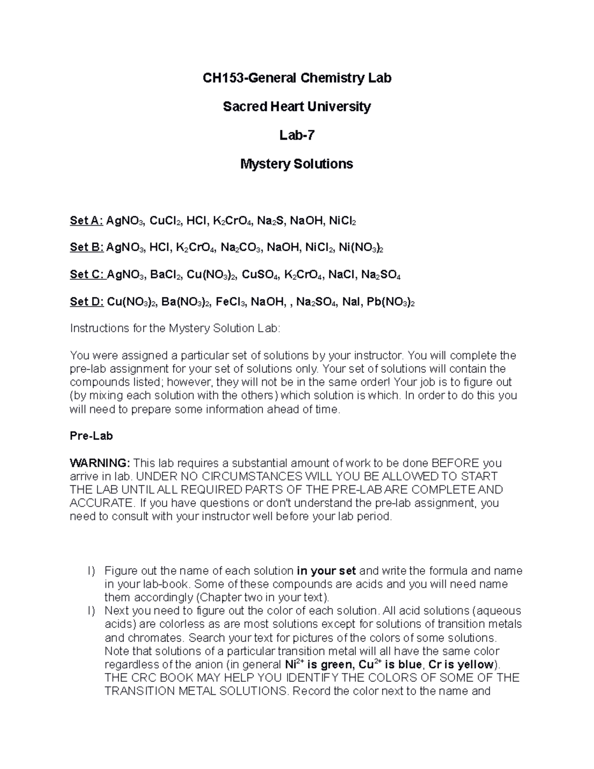 CH153 Lab 7: Pre-Lab Guide for Mystery Solutions Analysis - Studocu