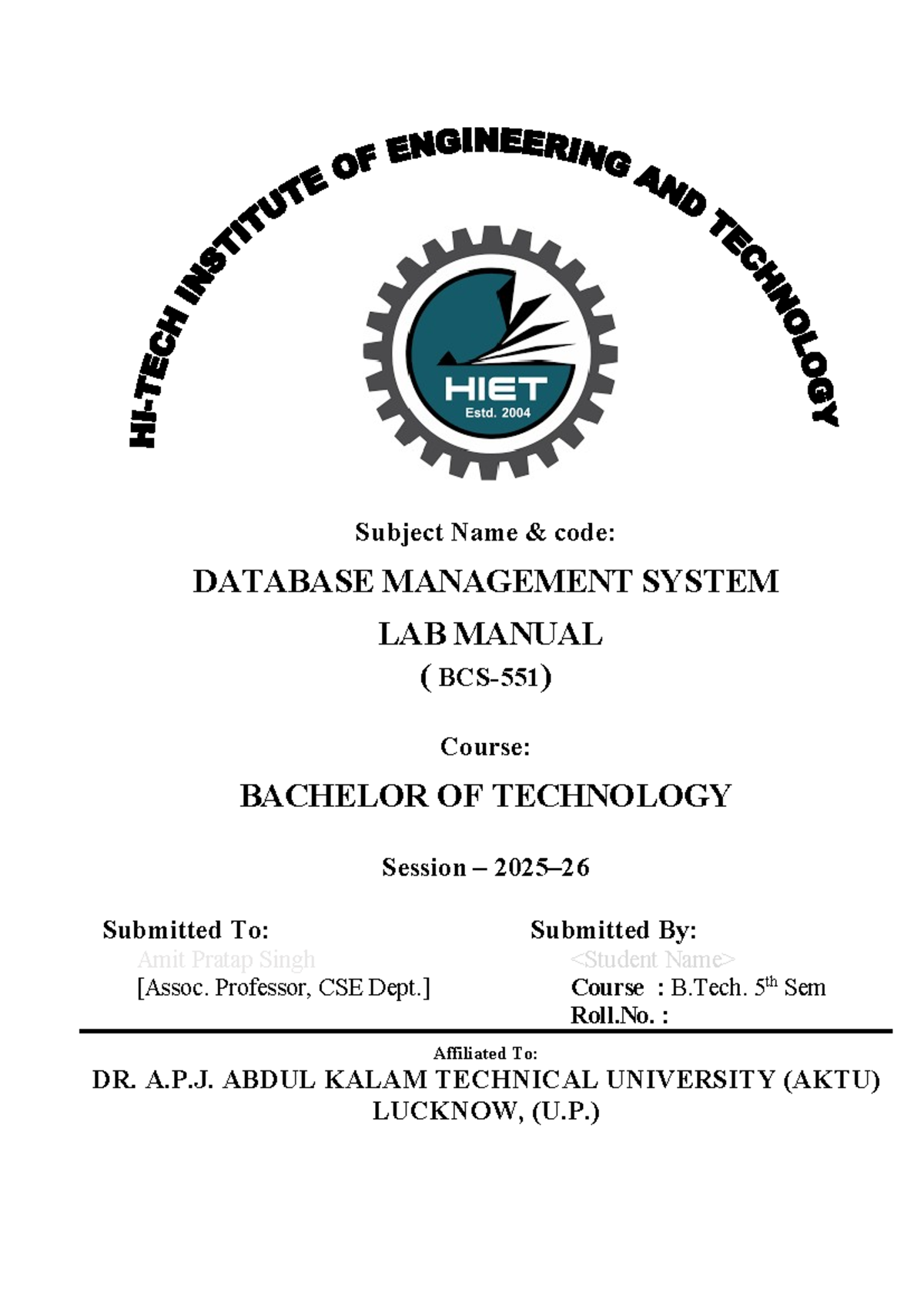 DBMS Lab Manual - B.Tech 5th Sem (AKTU) - Studocu