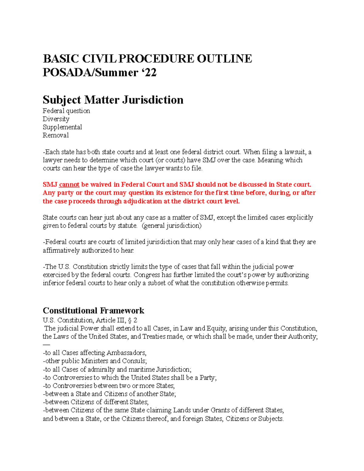 Basic Civil Procedure (POSADA) Outline: Subject Matter Jurisdiction ...