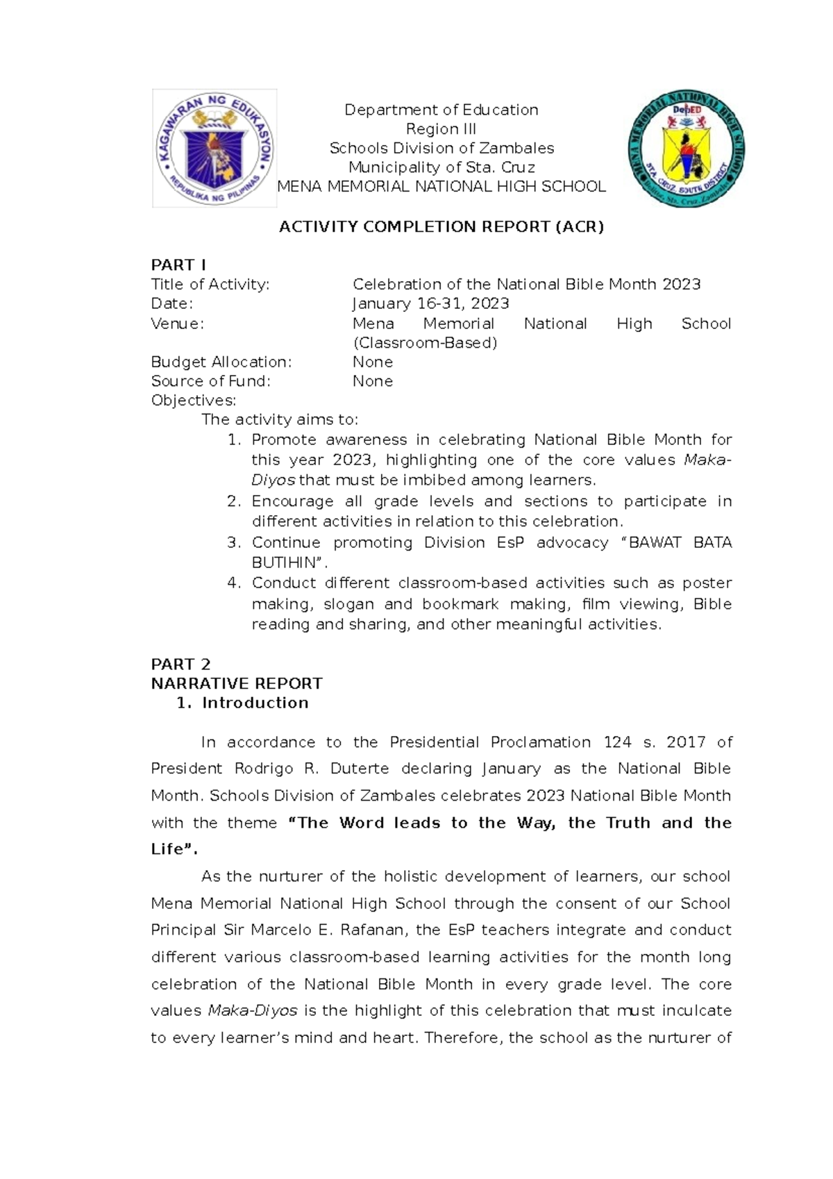 ACR Report: National Bible Month Celebration 2023 at MMNHS - Studocu