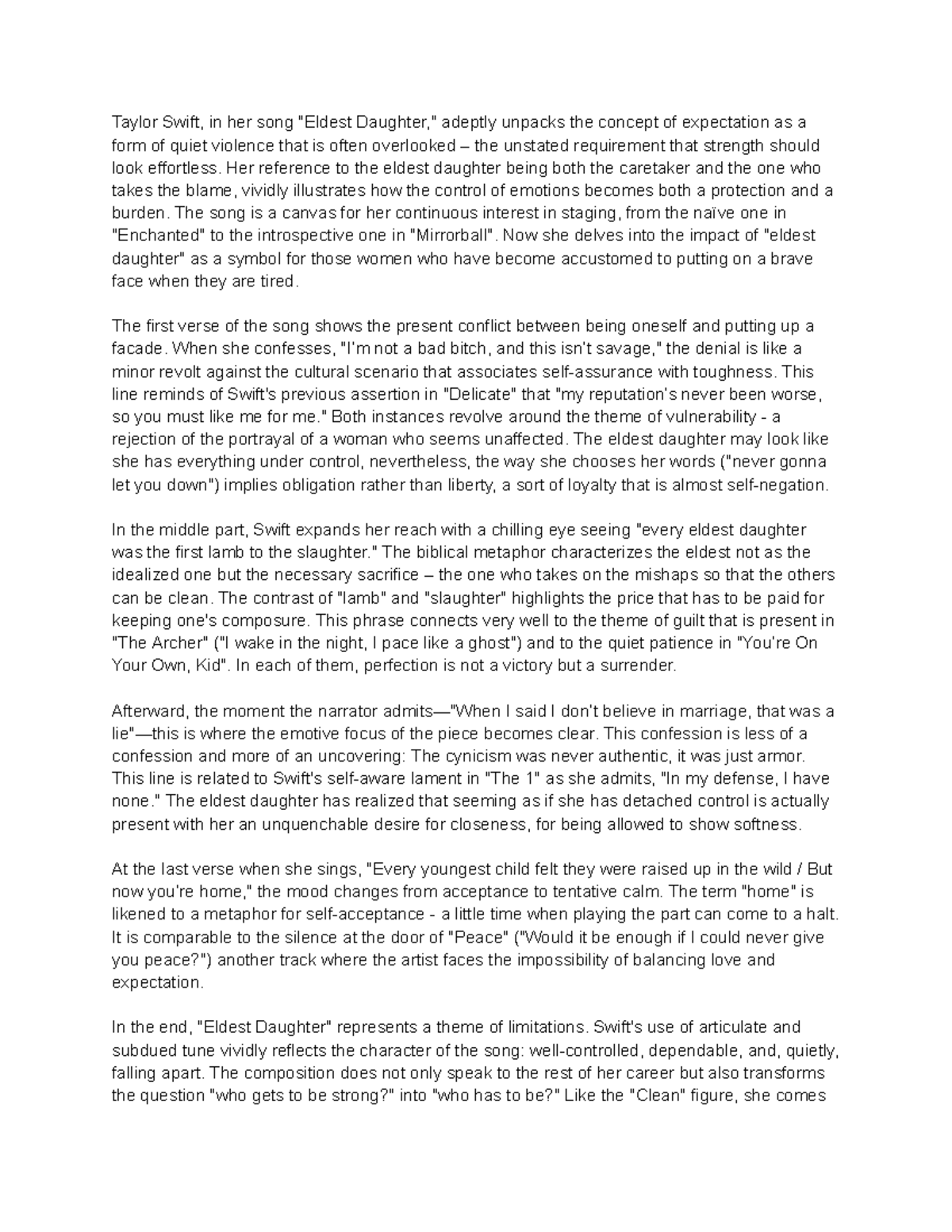 Tswift Extra Credit: Literary Analysis of Taylor Swift's Themes - Studocu