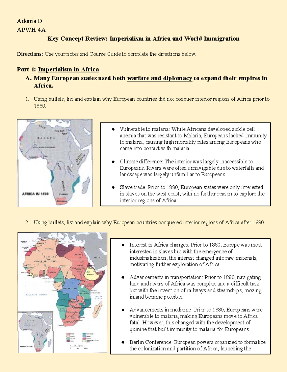 APWH 4A Key Concept Review: Imperialism in Africa & Immigration - Studocu