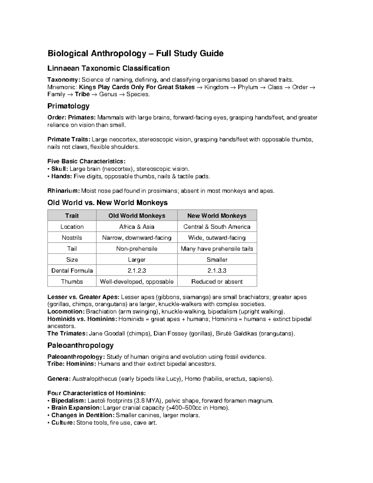 Biological Anthropology Study Guide: Paleoanthropology & Taxonomy - Studocu