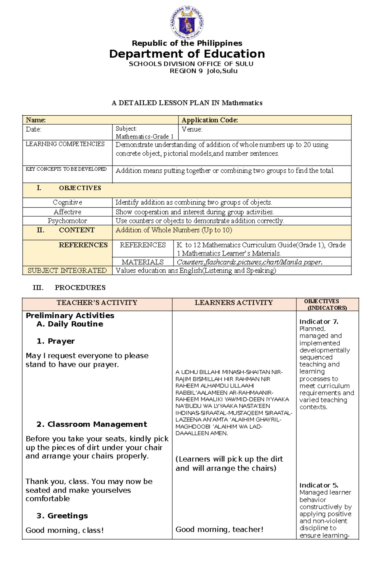 Detailed Lesson Plan in Mathematics (Grade 1) - Addition of Whole ...