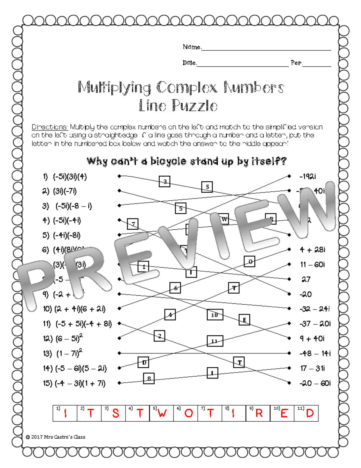 Multiply Complex Numbers Line Puzzle Activity - Math 101 - Studocu