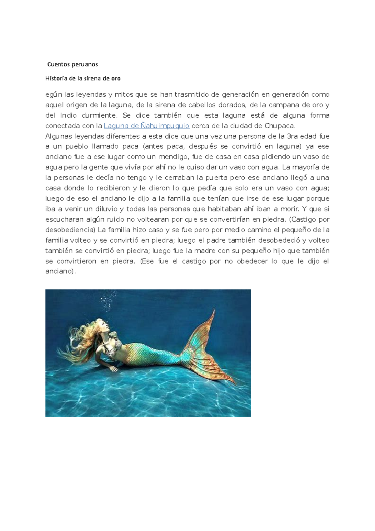 Cuentos peruanos: Leyenda de la Sirena de Oro y la Laguna - Studocu