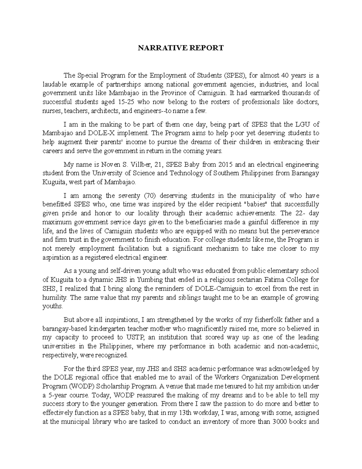 Narrative Report on SPES: Lecture Notes by Noven S. Villaber - Studocu