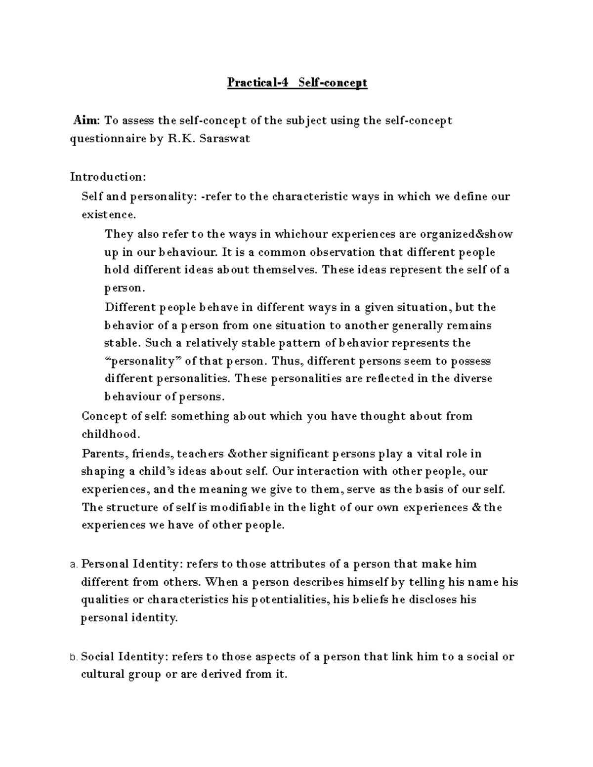 SCQ Assessment of Self and Personality: R.K. Saraswat Analysis - Studocu